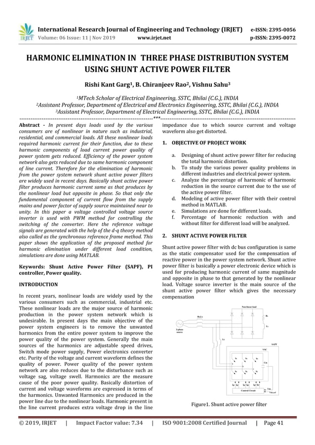 IRJET- Harmonic Elimination in Three Phase Distribution System using Shunt Active Power Filter | PDF