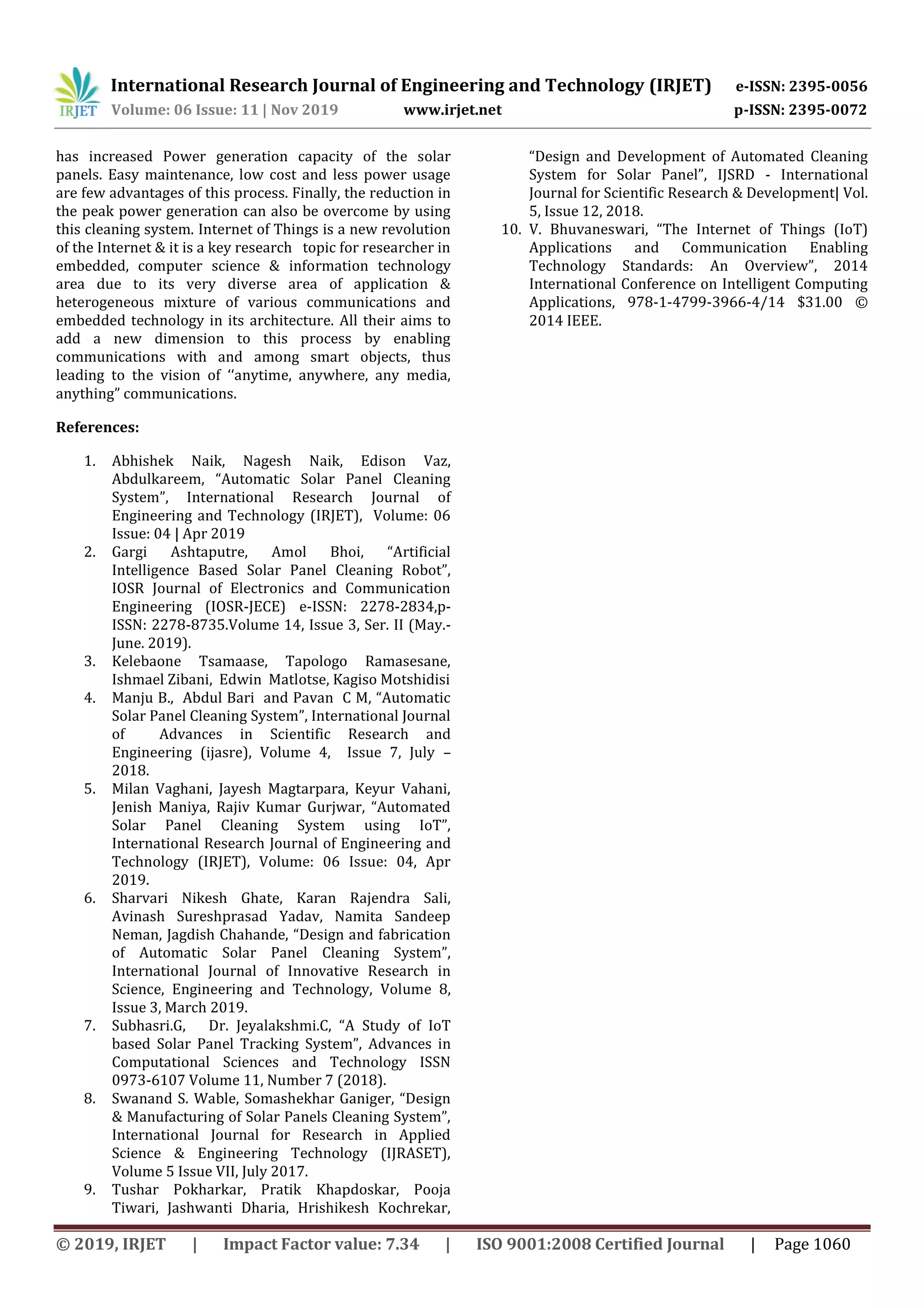 IRJET- A Review on Solar Panel Cleaning Robot using IoT | PDF