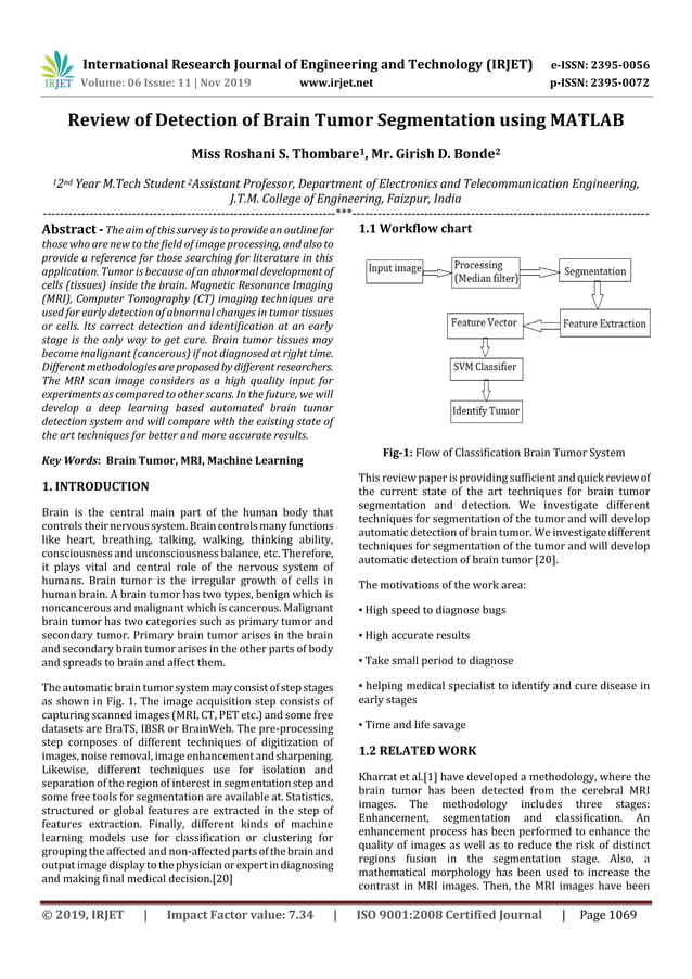 IRJET- Review of Detection of Brain Tumor Segmentation using MATLAB | PDF