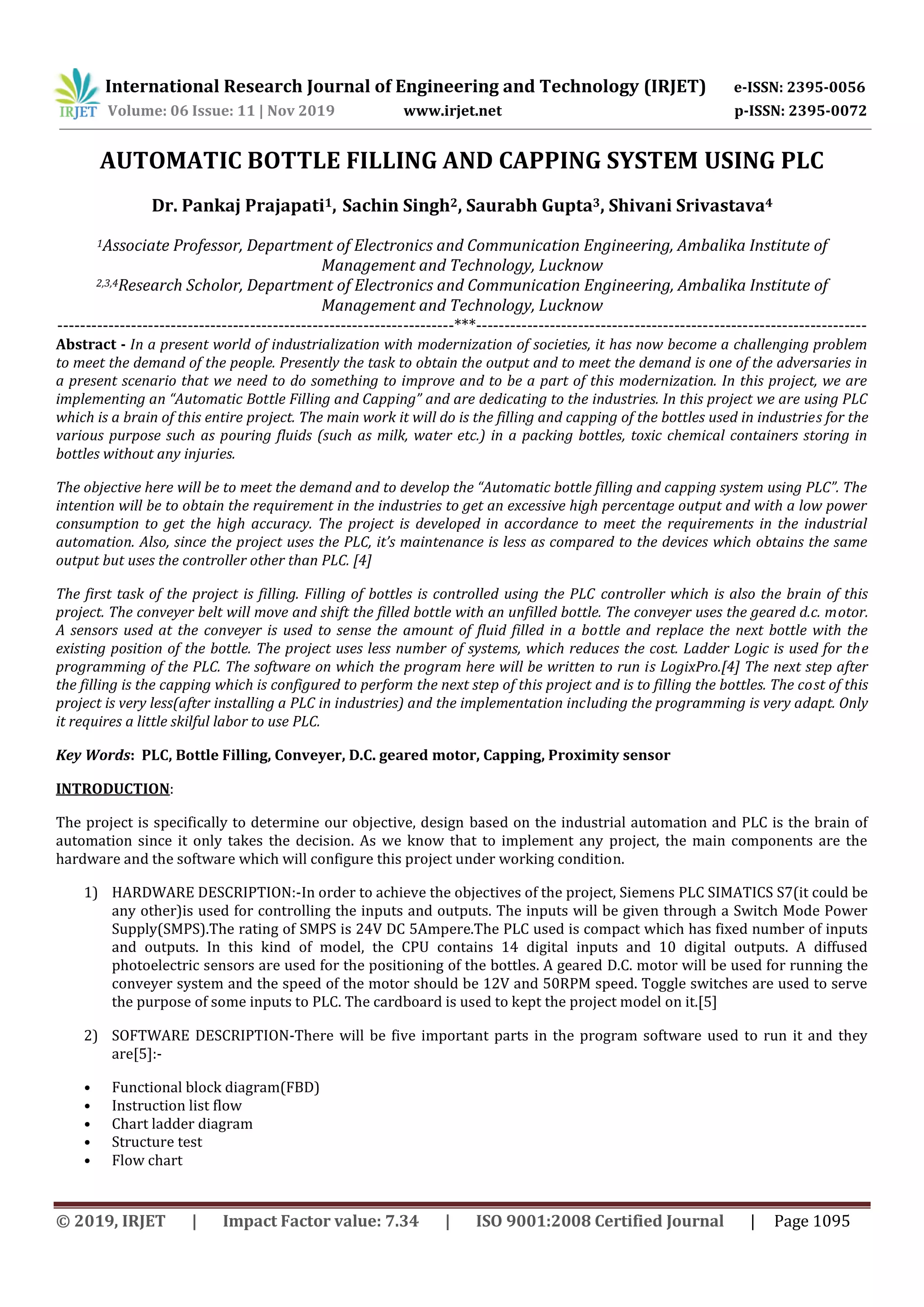 IRJET- Automatic Bottle Filling and Capping System using PLC | PDF