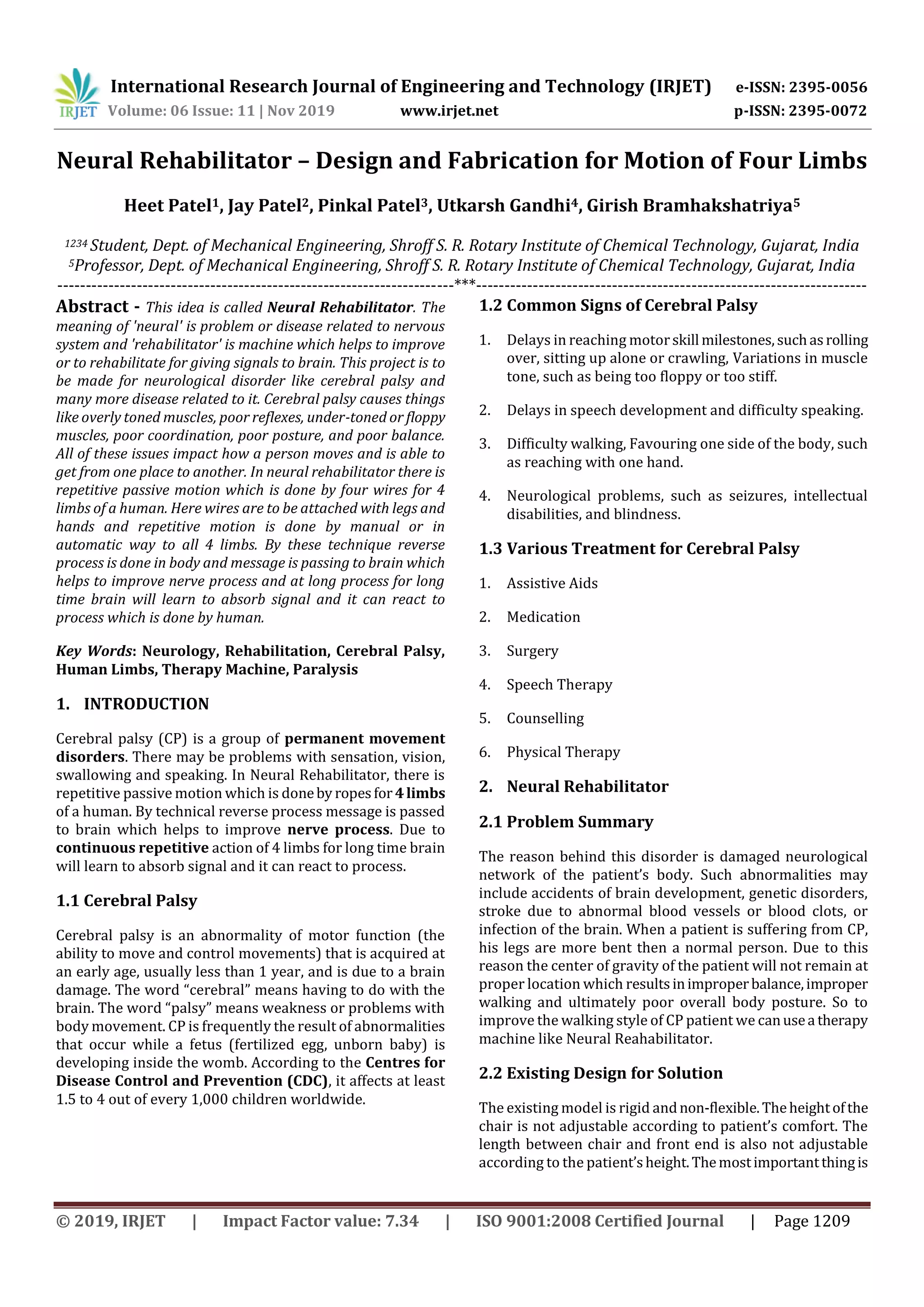 IRJET- Neural Rehabilitator – Design and Fabrication for Motion of Four ...