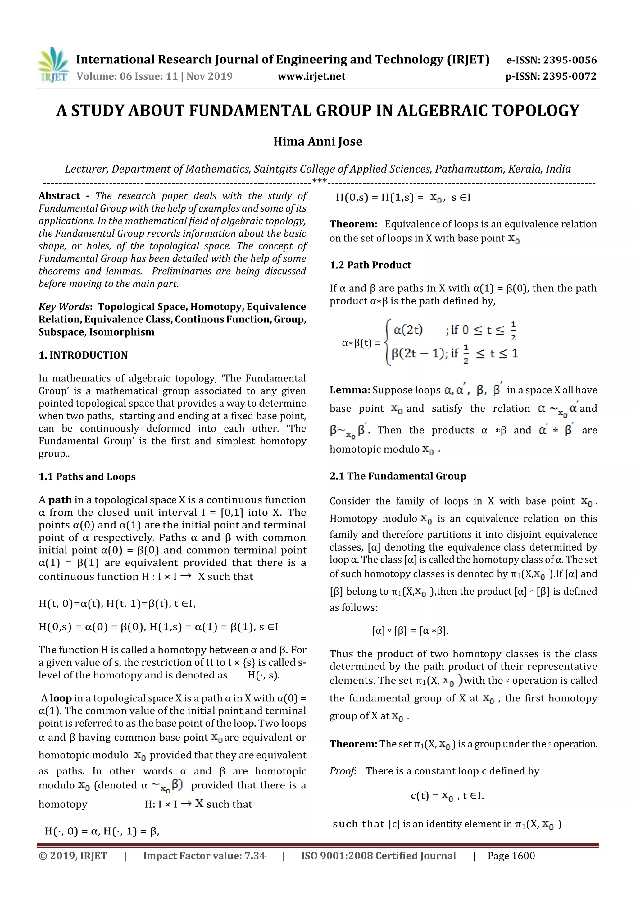 IRJET- A Study about Fundamental Group in Algebraic Topology | PDF