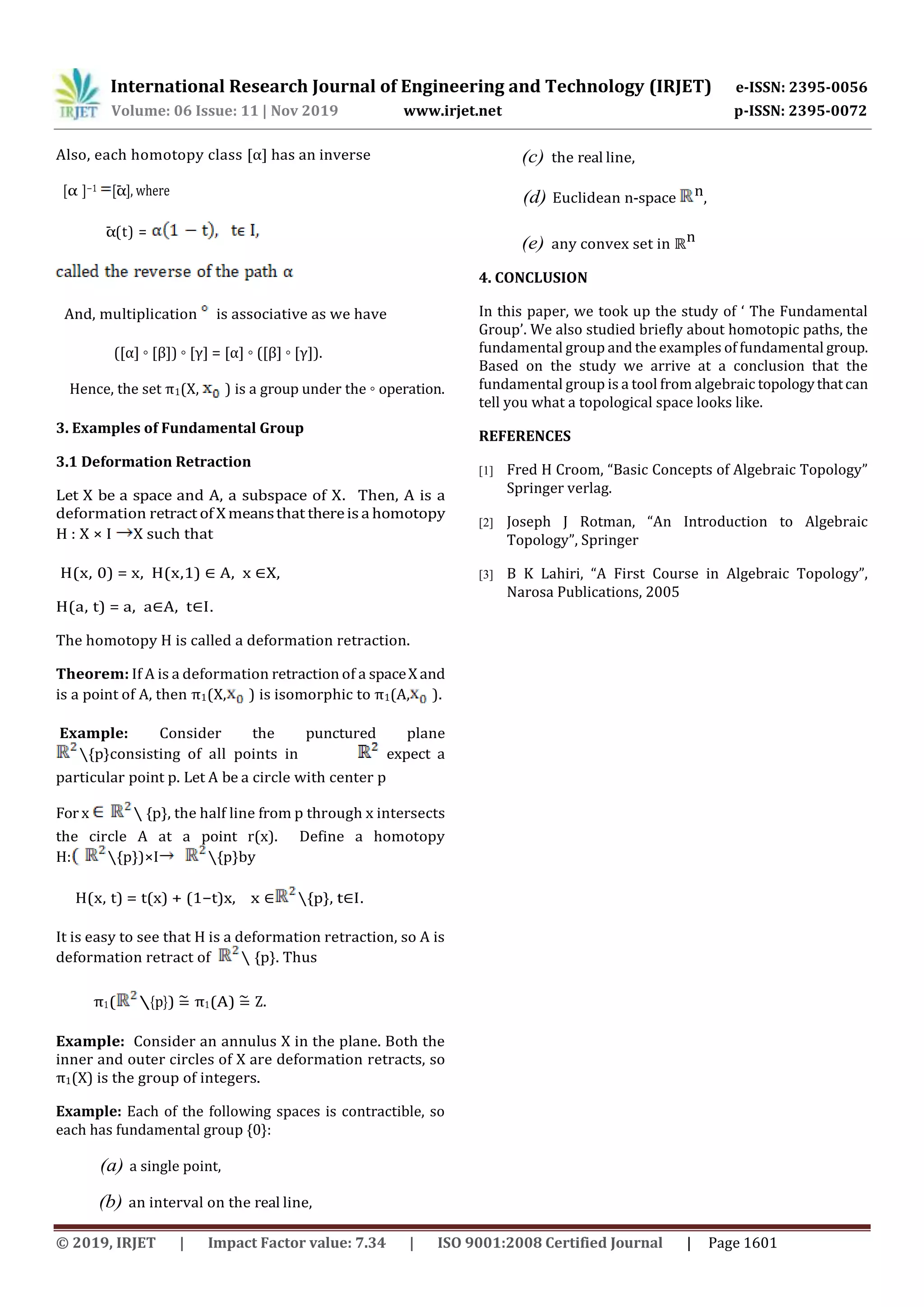 IRJET- A Study about Fundamental Group in Algebraic Topology | PDF