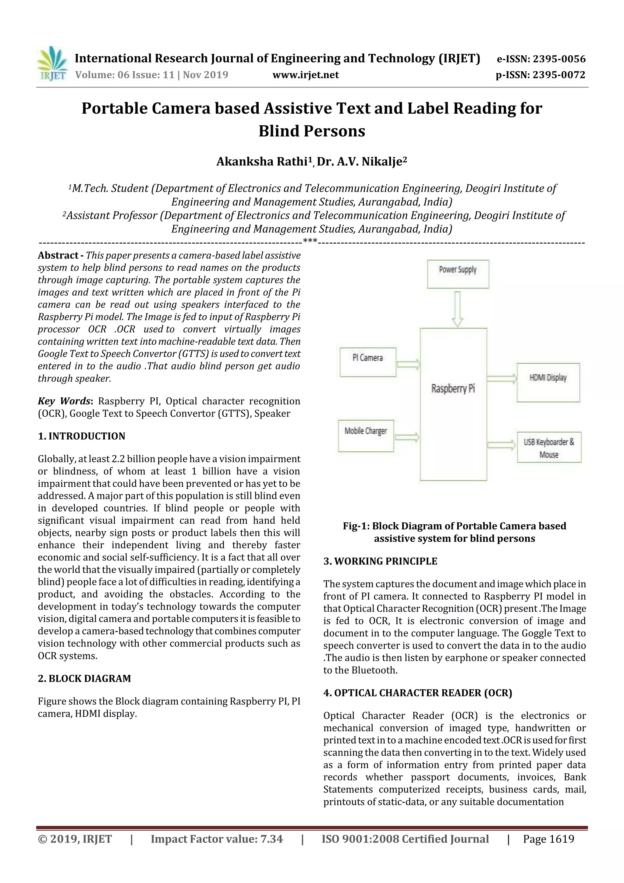 IRJET- Portable Camera based Assistive Text and Label Reading for Blind Persons | PDF