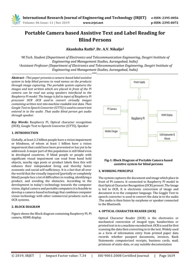 IRJET- Portable Camera based Assistive Text and Label Reading for Blind Persons | PDF