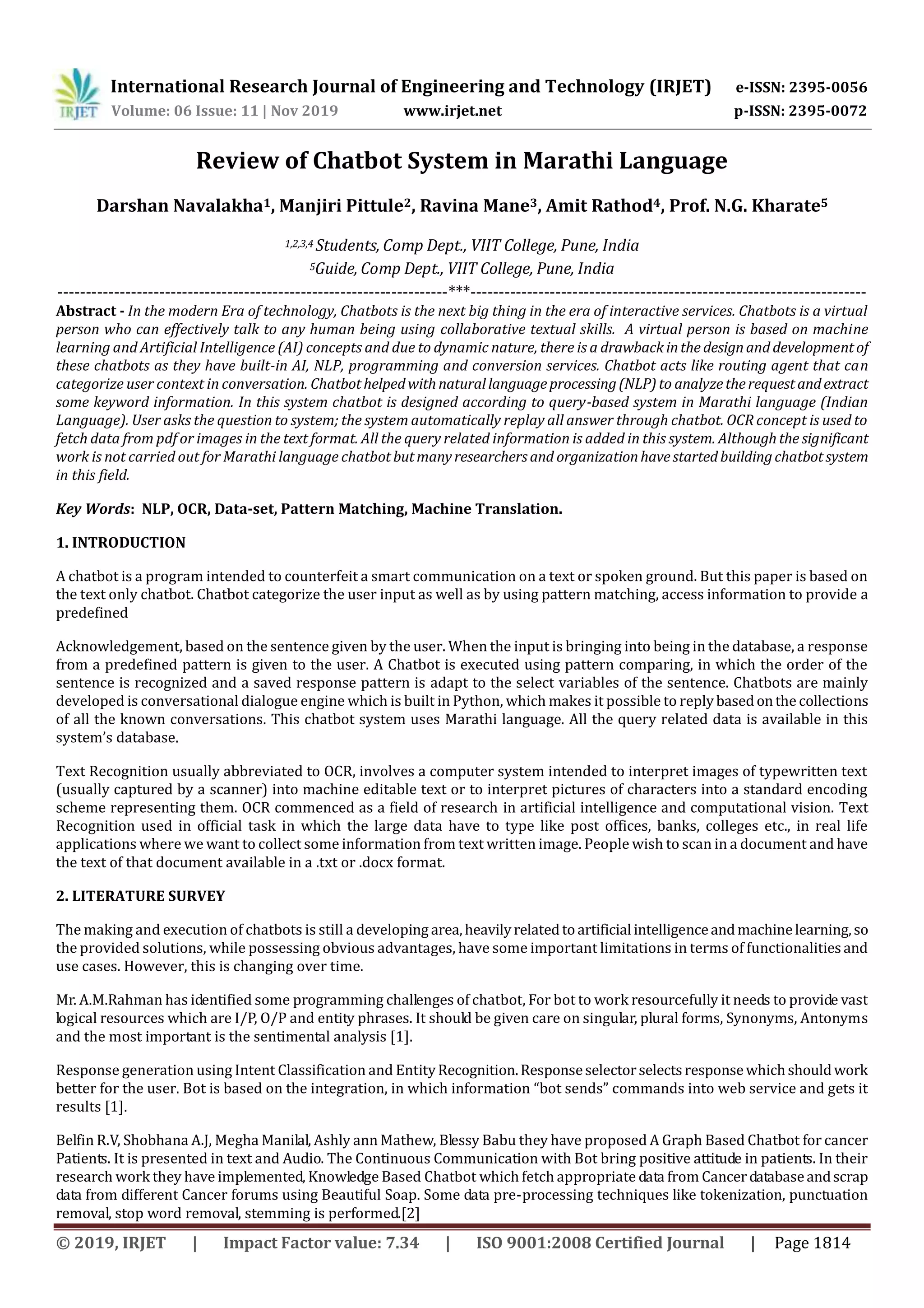IRJET- Review of Chatbot System in Marathi Language | PDF