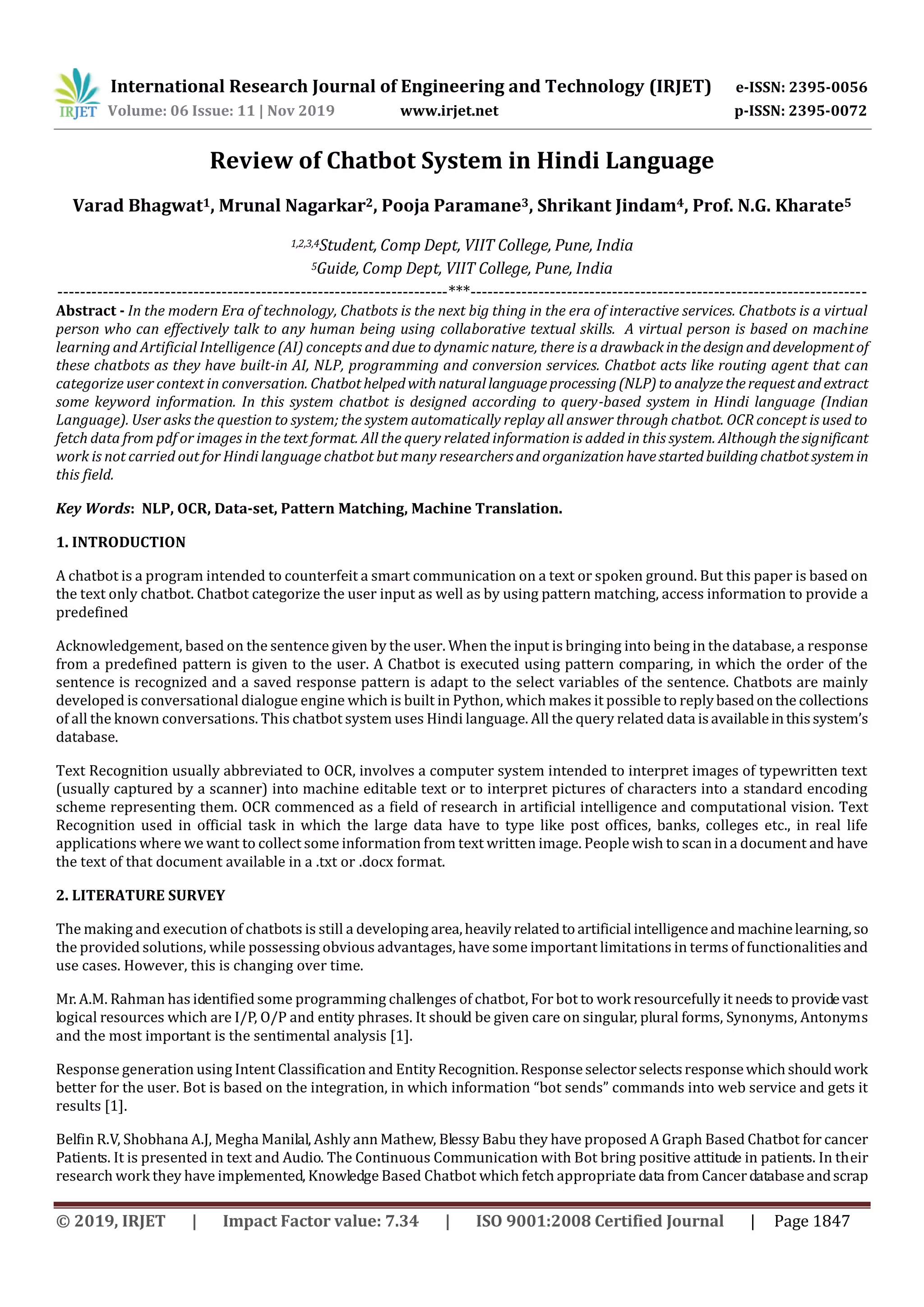 IRJET- Review of Chatbot System in Hindi Language | PDF