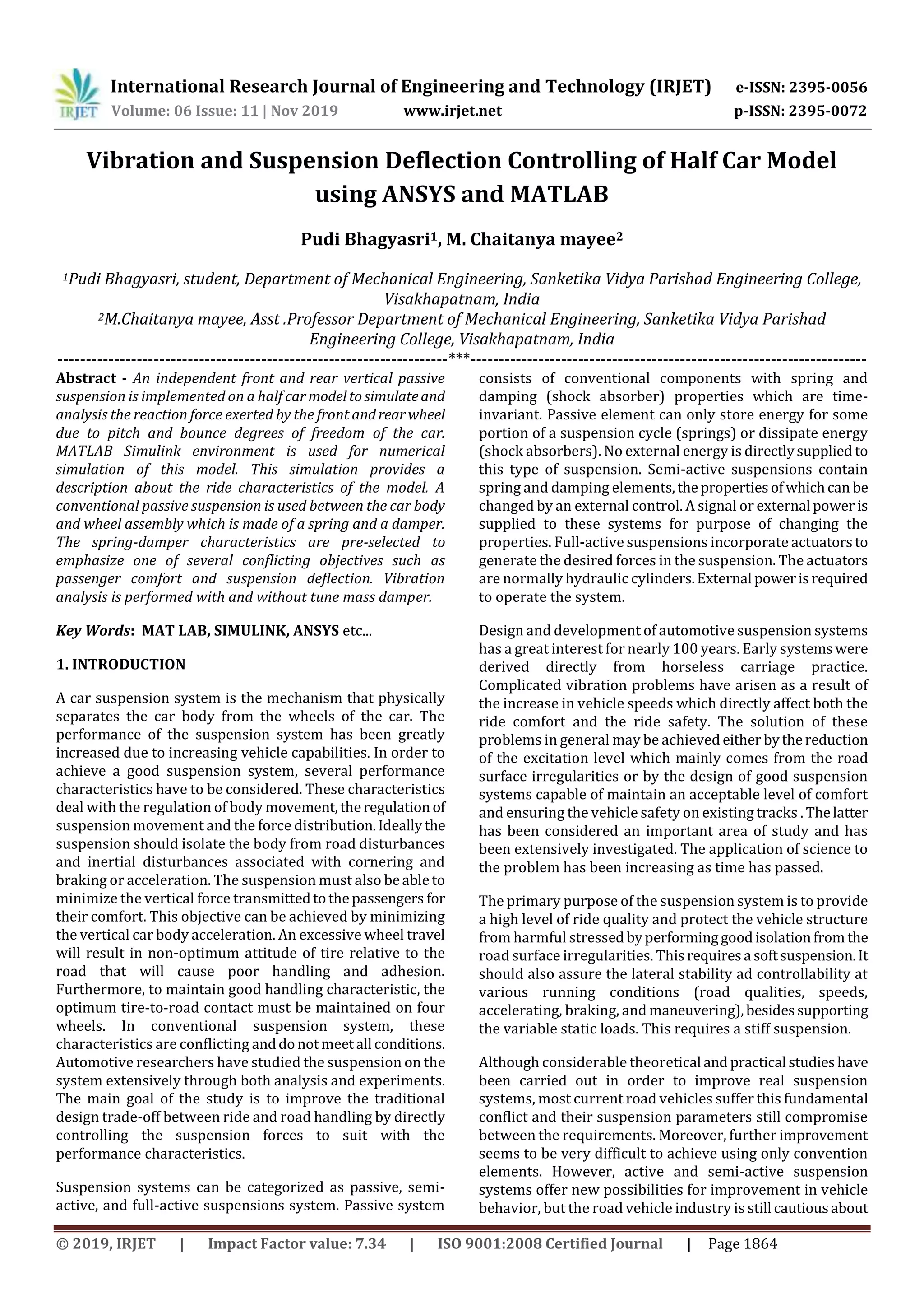 IRJET- Vibration and Suspension Deflection Controlling of Half Car Model using Ansys and Matlab ...