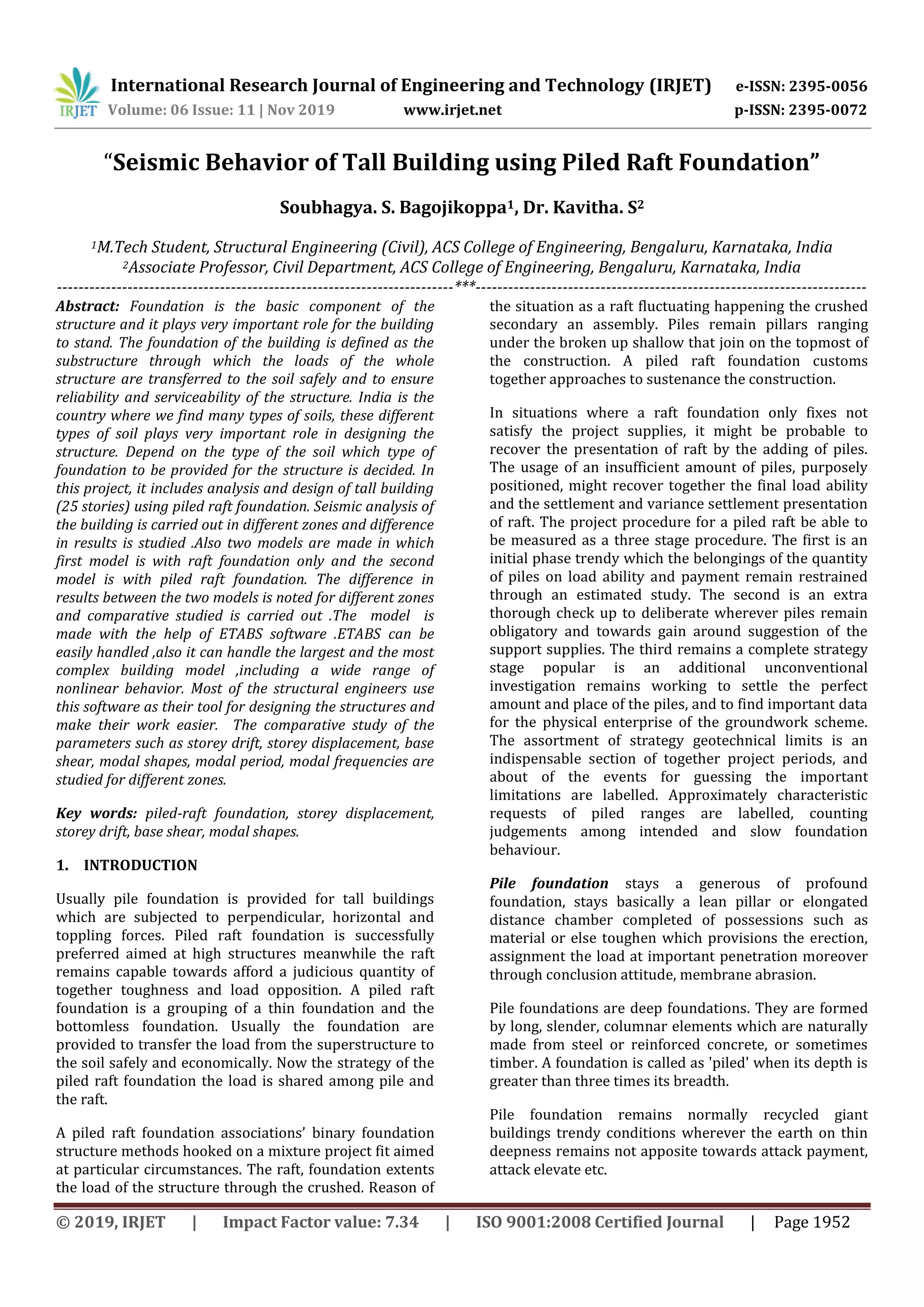 IRJET- Seismic Behavior of Tall Building using Piled Raft Foundation | PDF