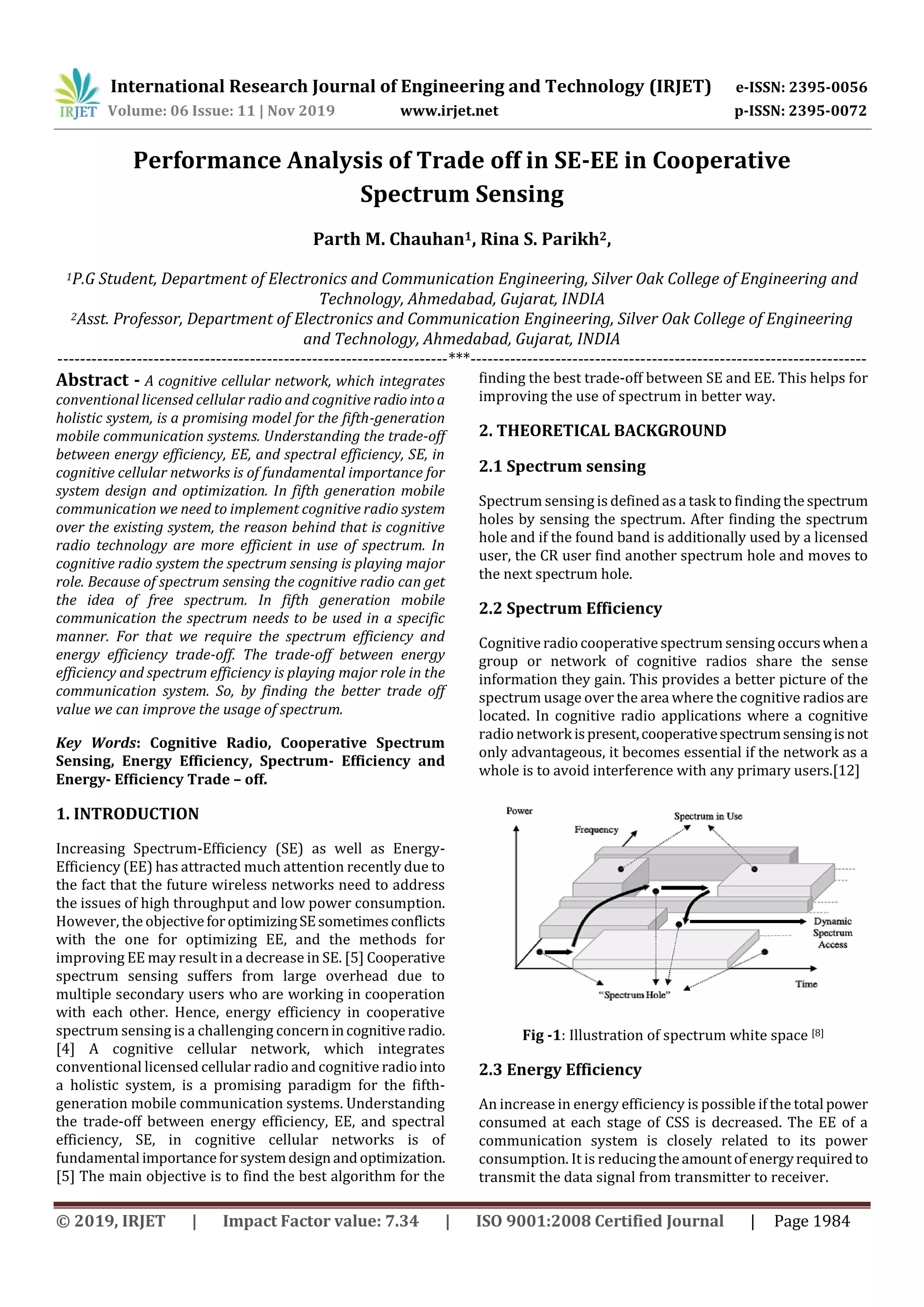 IRJET- Performance Analysis of Trade Off in SE-EE in Cooperative Spectrum Sensing | PDF