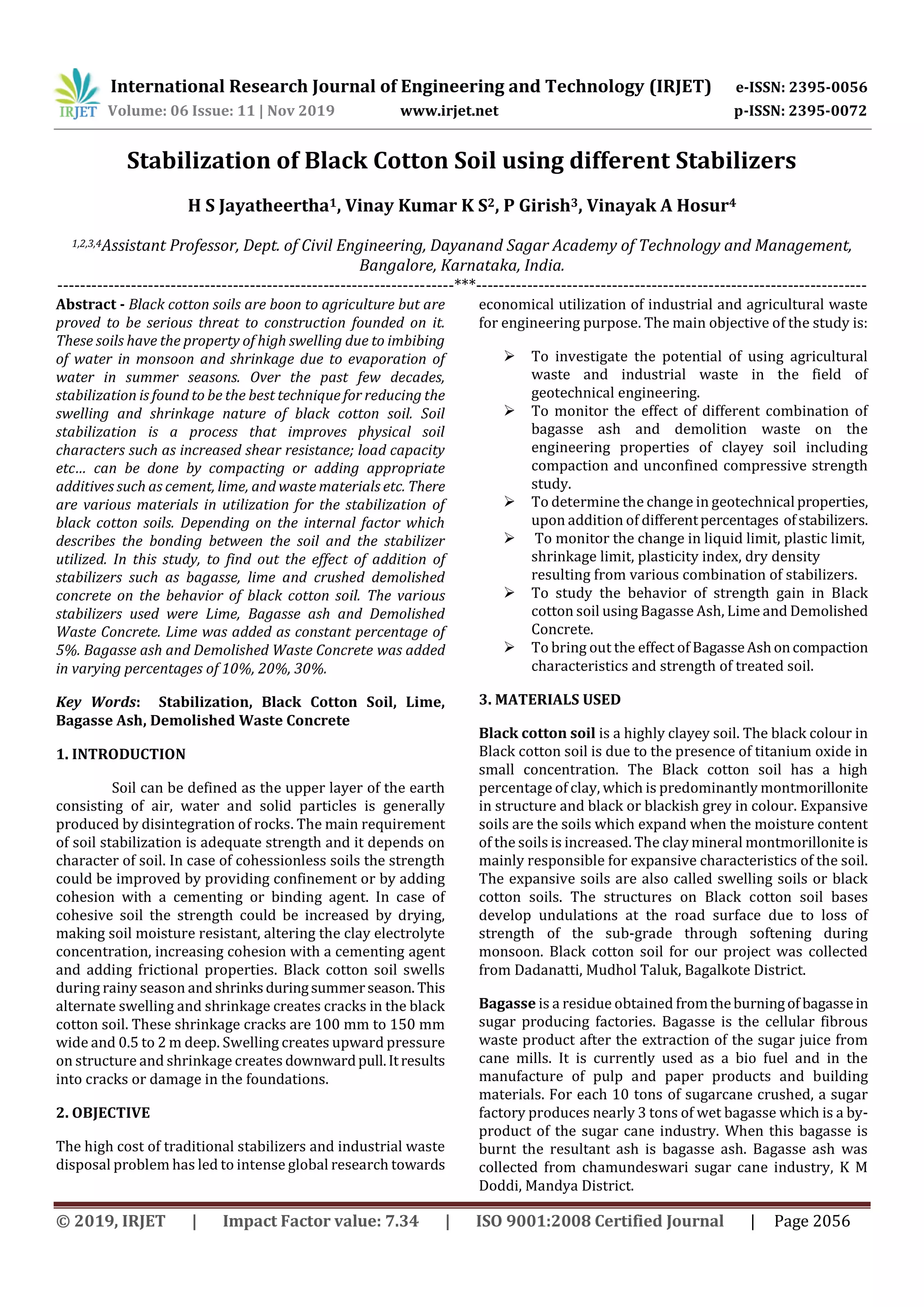IRJET- Stabilization of Black Cotton Soil using Different Stabilizers | PDF