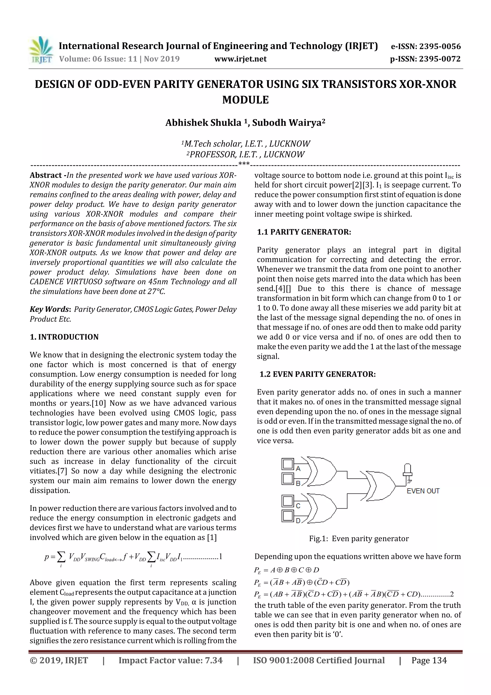 IRJET- Design of ODD-Even Parity Generator using Six Transistors XOR ...