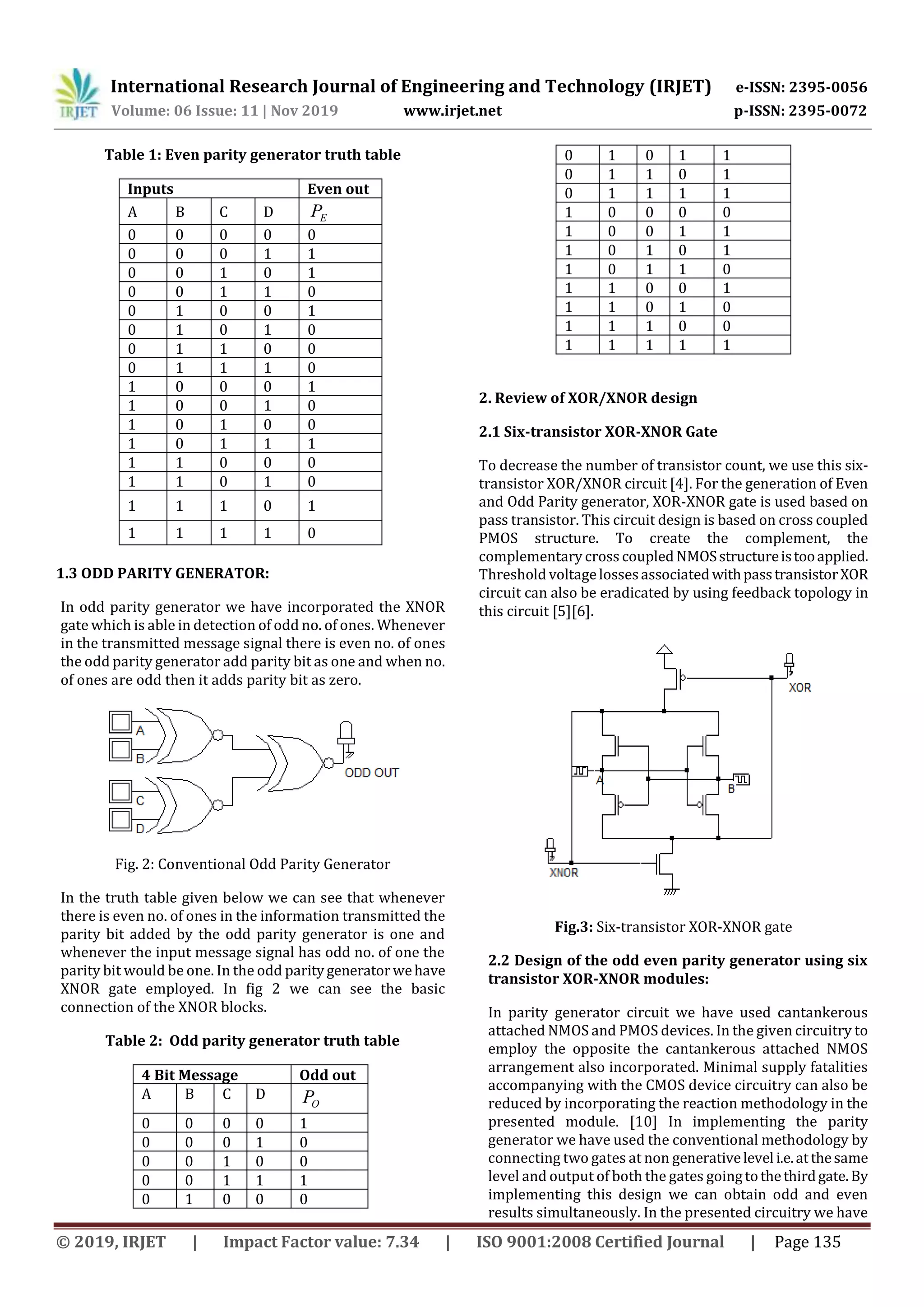 IRJET- Design of ODD-Even Parity Generator using Six Transistors XOR ...