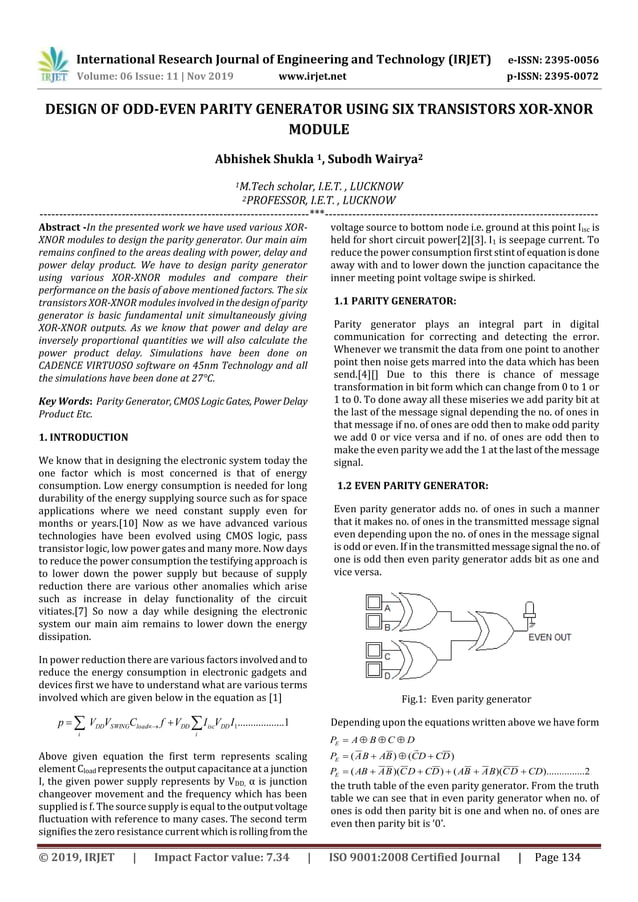 IRJET- Design of ODD-Even Parity Generator using Six Transistors XOR-XNOR Module | PDF ...