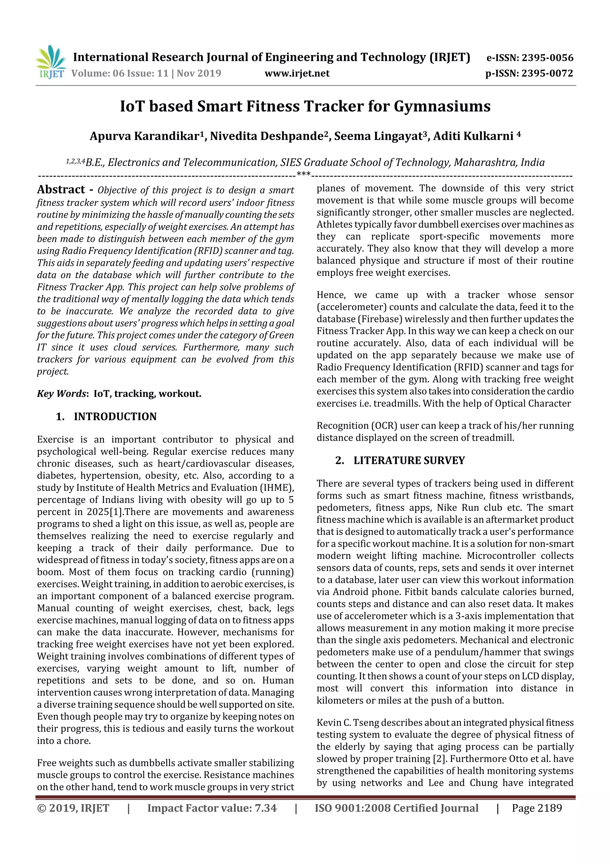 IRJET- IoT based Smart Fitness Tracker for Gymnasiums | PDF