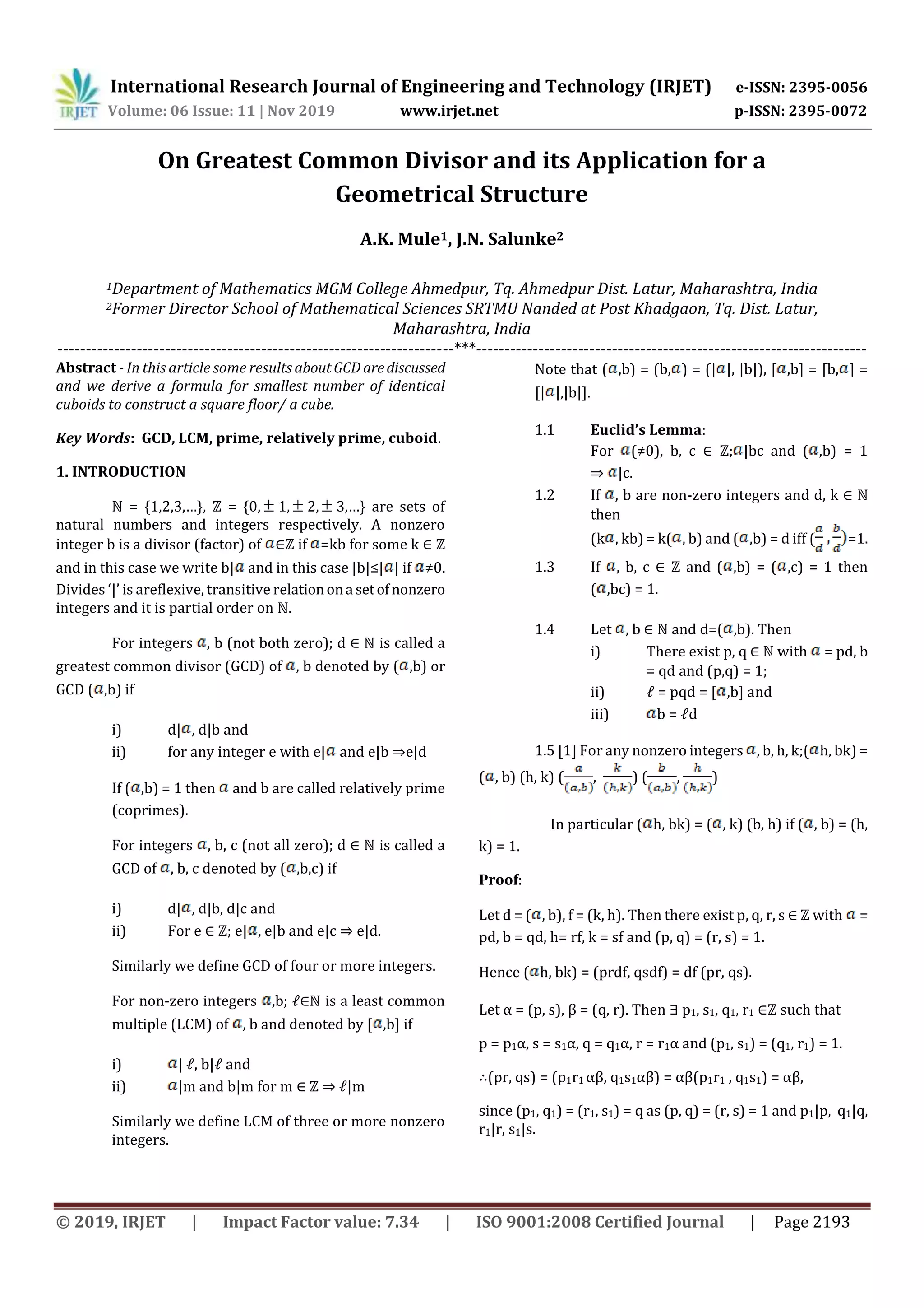 IRJET- On Greatest Common Divisor and its Application for a Geometrical ...