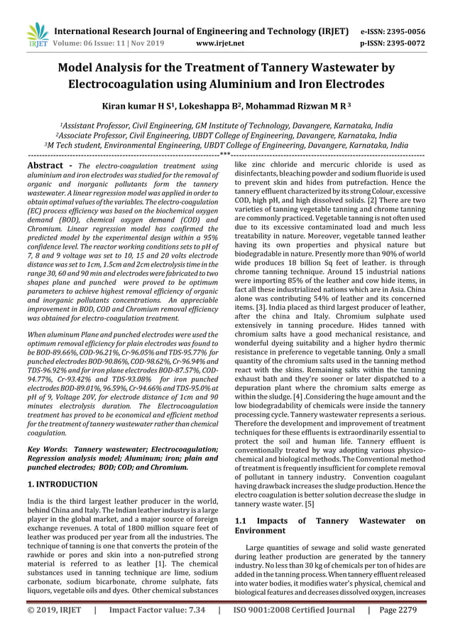 IRJET- Model Analysis for the Treatment of Tannery Wastewater by Electrocoagulation using ...