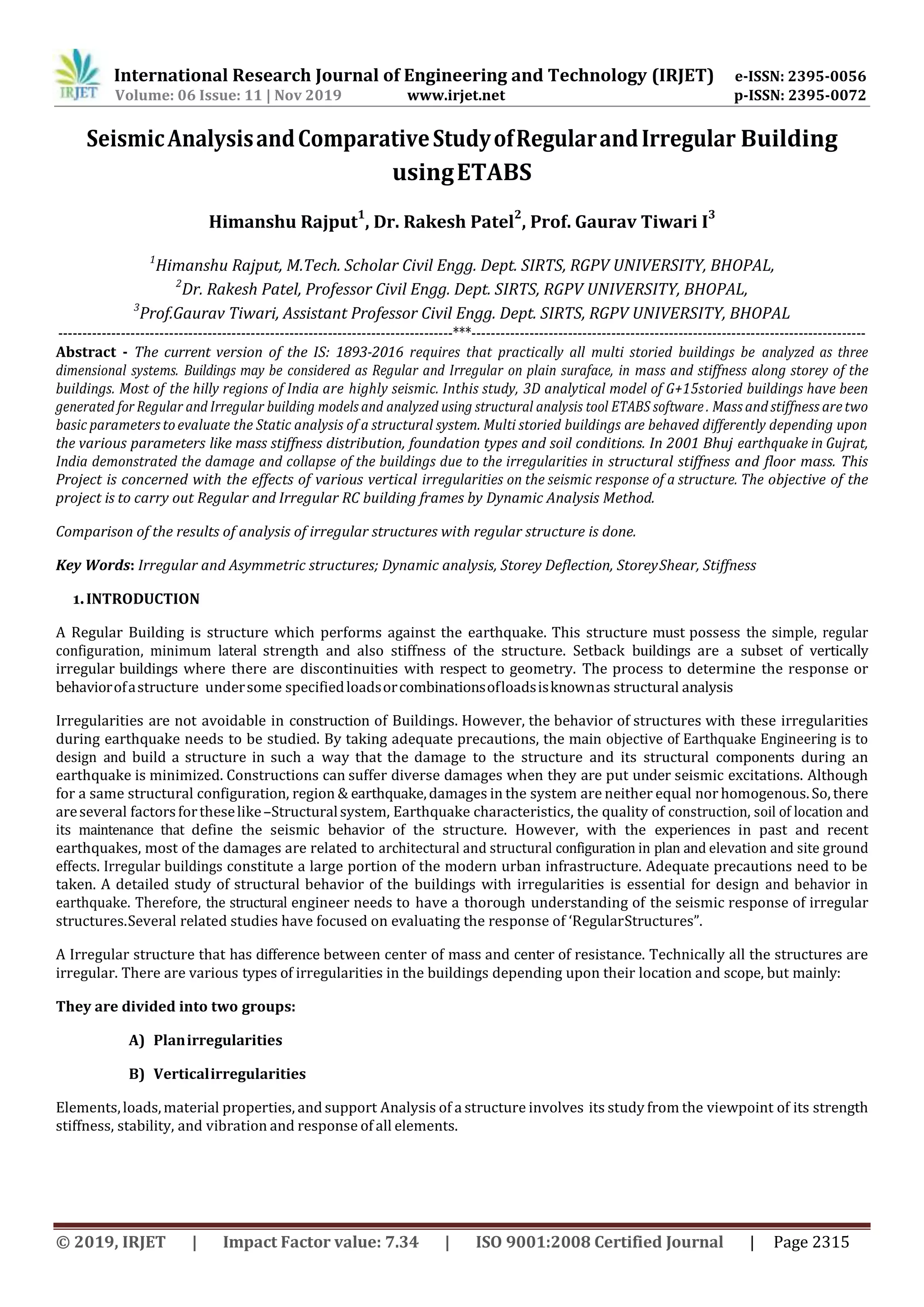IRJET- Seismic Analysis and Comparative Study of Regular and Irregular Building using ETABS | PDF