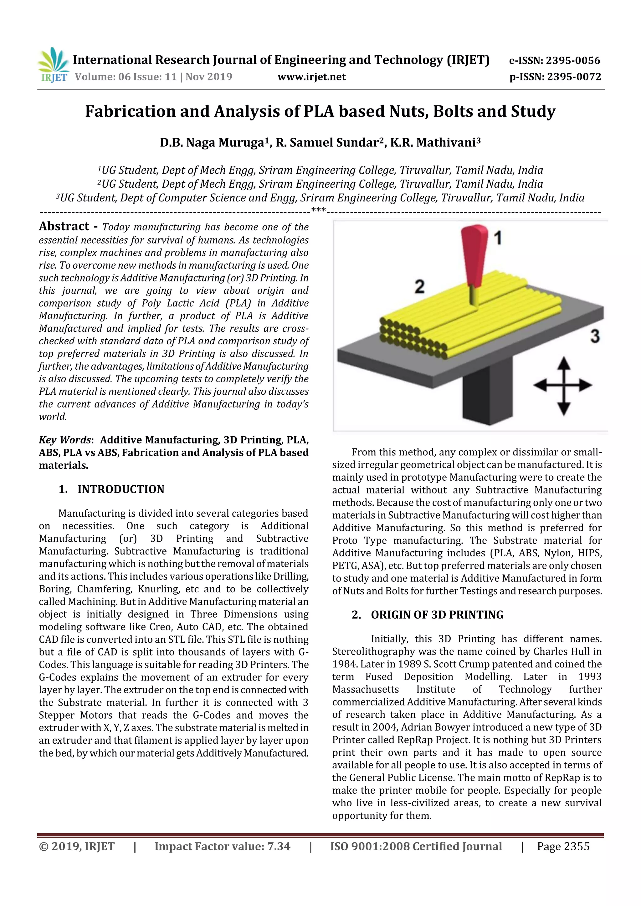 IRJET- Fabrication and Analysis of PLA based Nuts, Bolts and Study | PDF