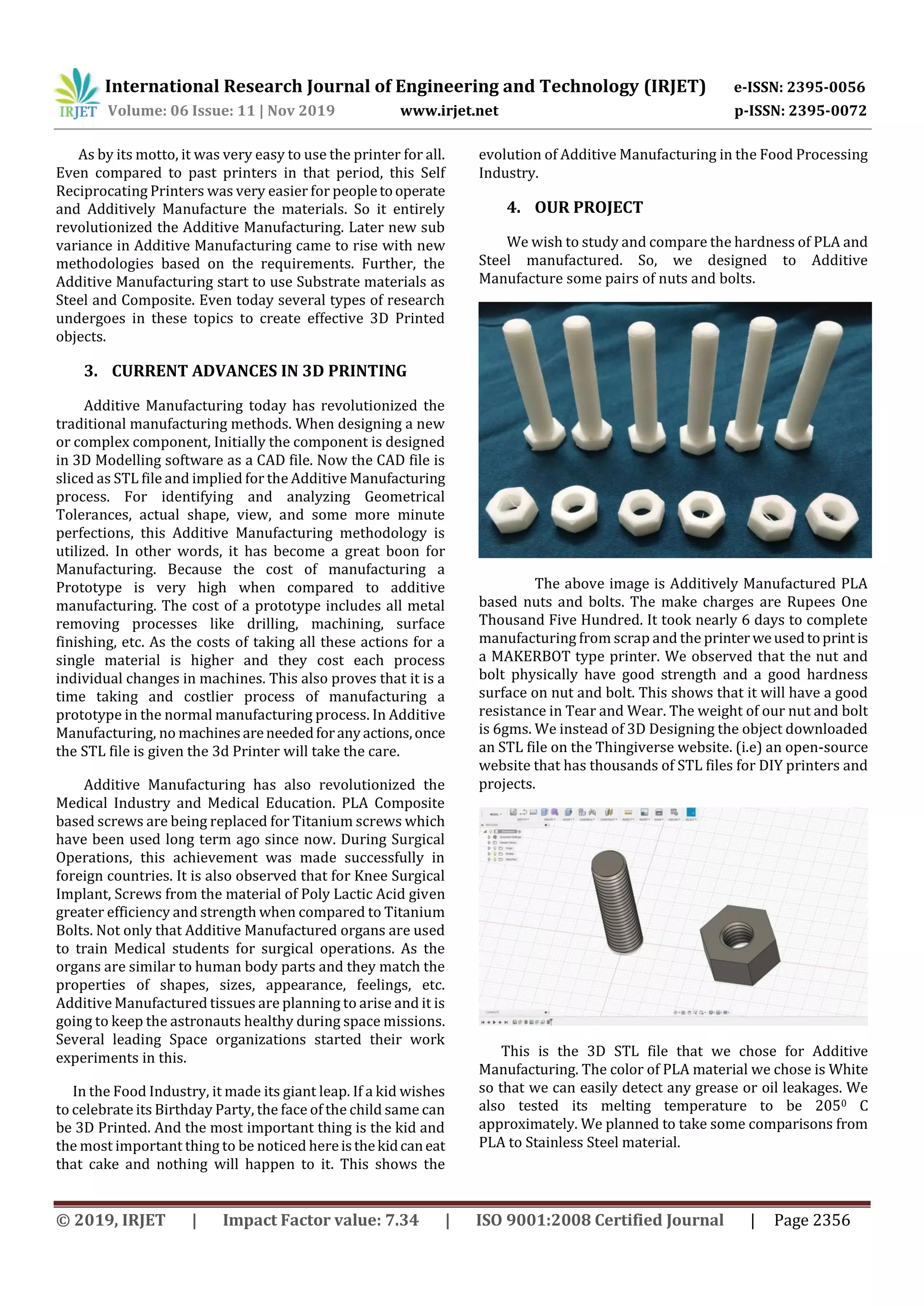 IRJET- Fabrication and Analysis of PLA based Nuts, Bolts and Study | PDF