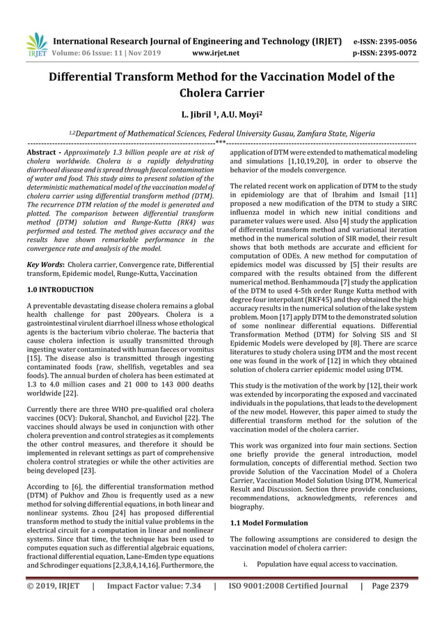IRJET- Differential Transform Method for the Vaccination Model of the Cholera Carrier | PDF