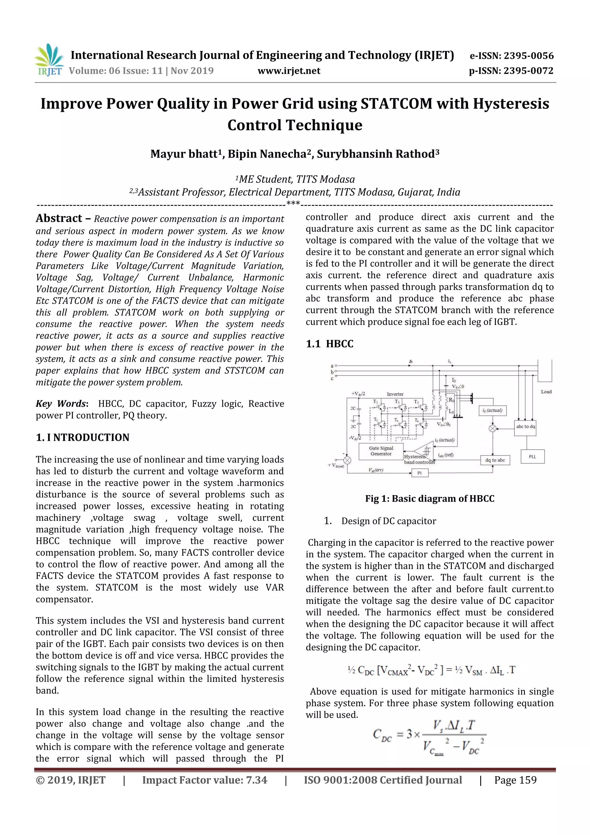 IRJET- Improve Power Quality in Power Grid using STATCOM with Hysteresis Control Technique | PDF