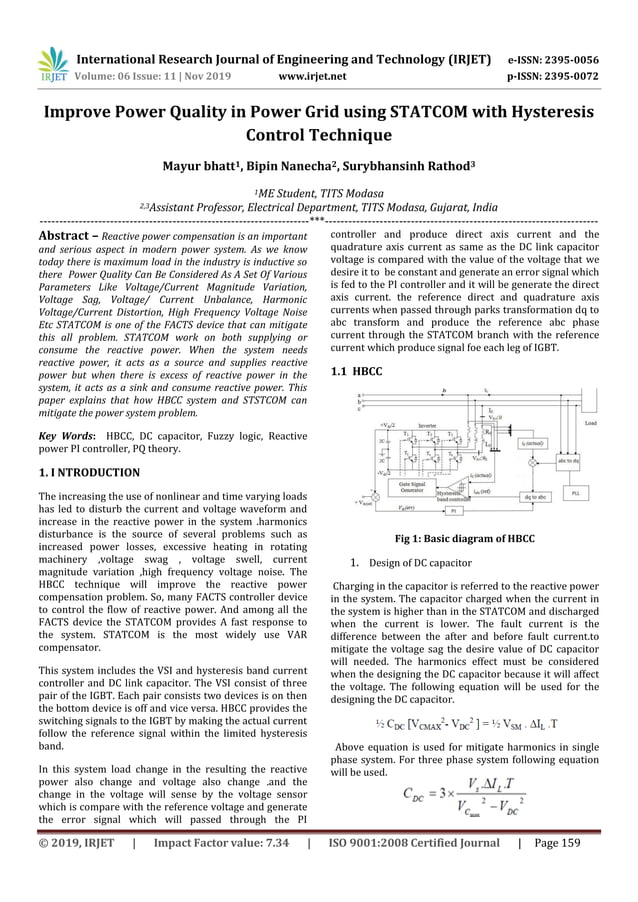 IRJET- Improve Power Quality in Power Grid using STATCOM with Hysteresis Control Technique | PDF