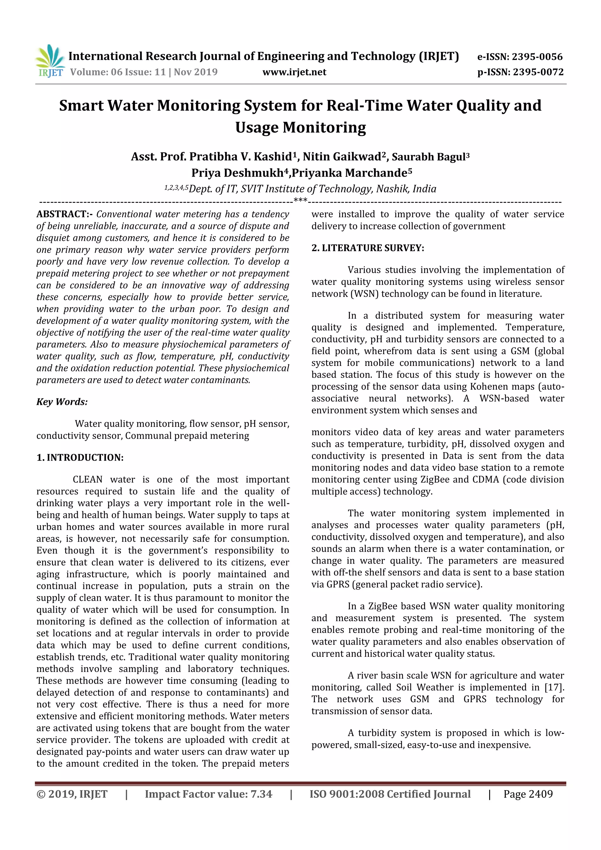 IRJET- Smart Water Monitoring System for Real-Time Water Quality and ...