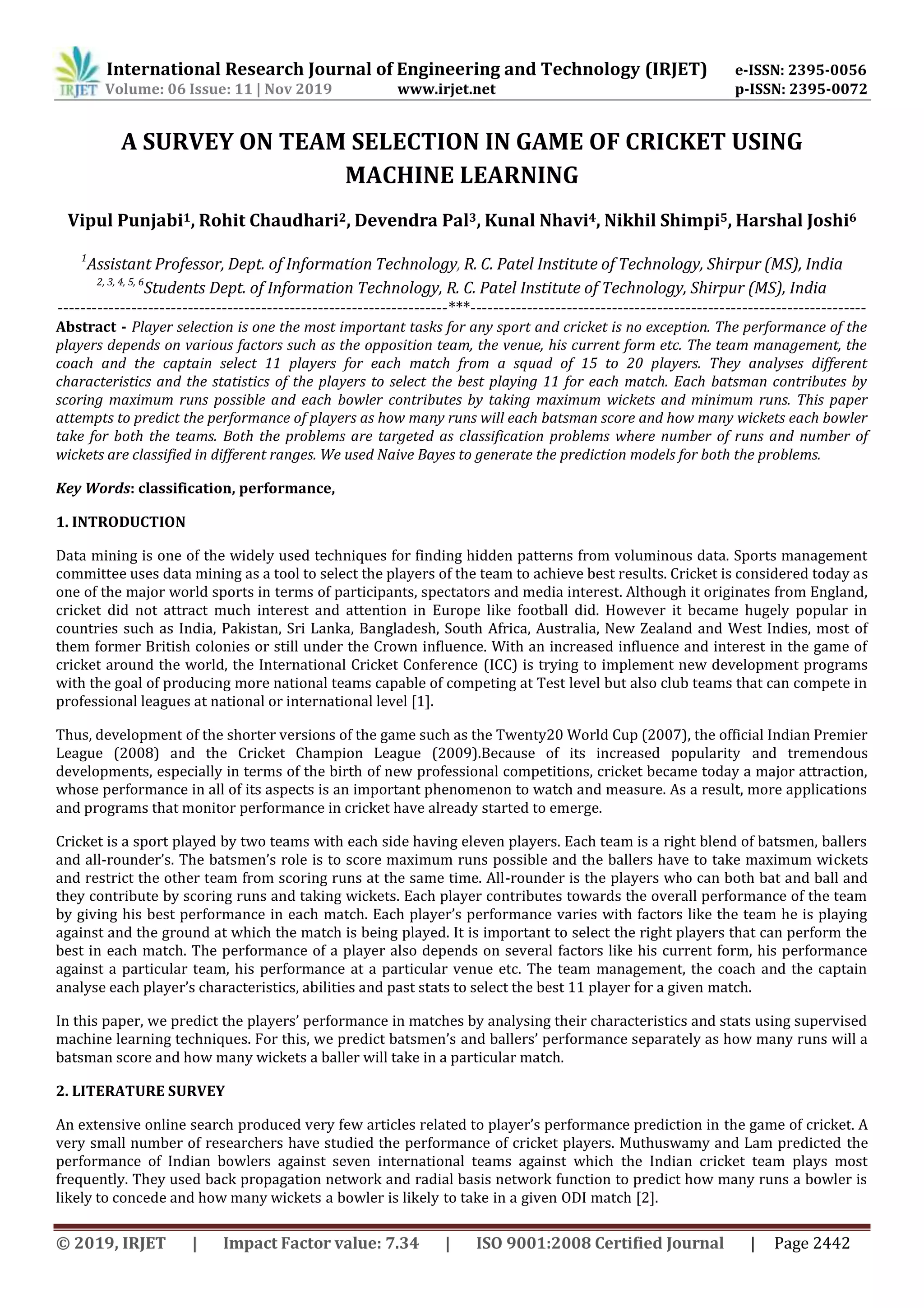 IRJET- A Survey on Team Selection in Game of Cricket using Machine Learning | PDF