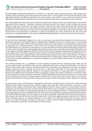 IRJET- A Survey on Team Selection in Game of Cricket using Machine Learning | PDF