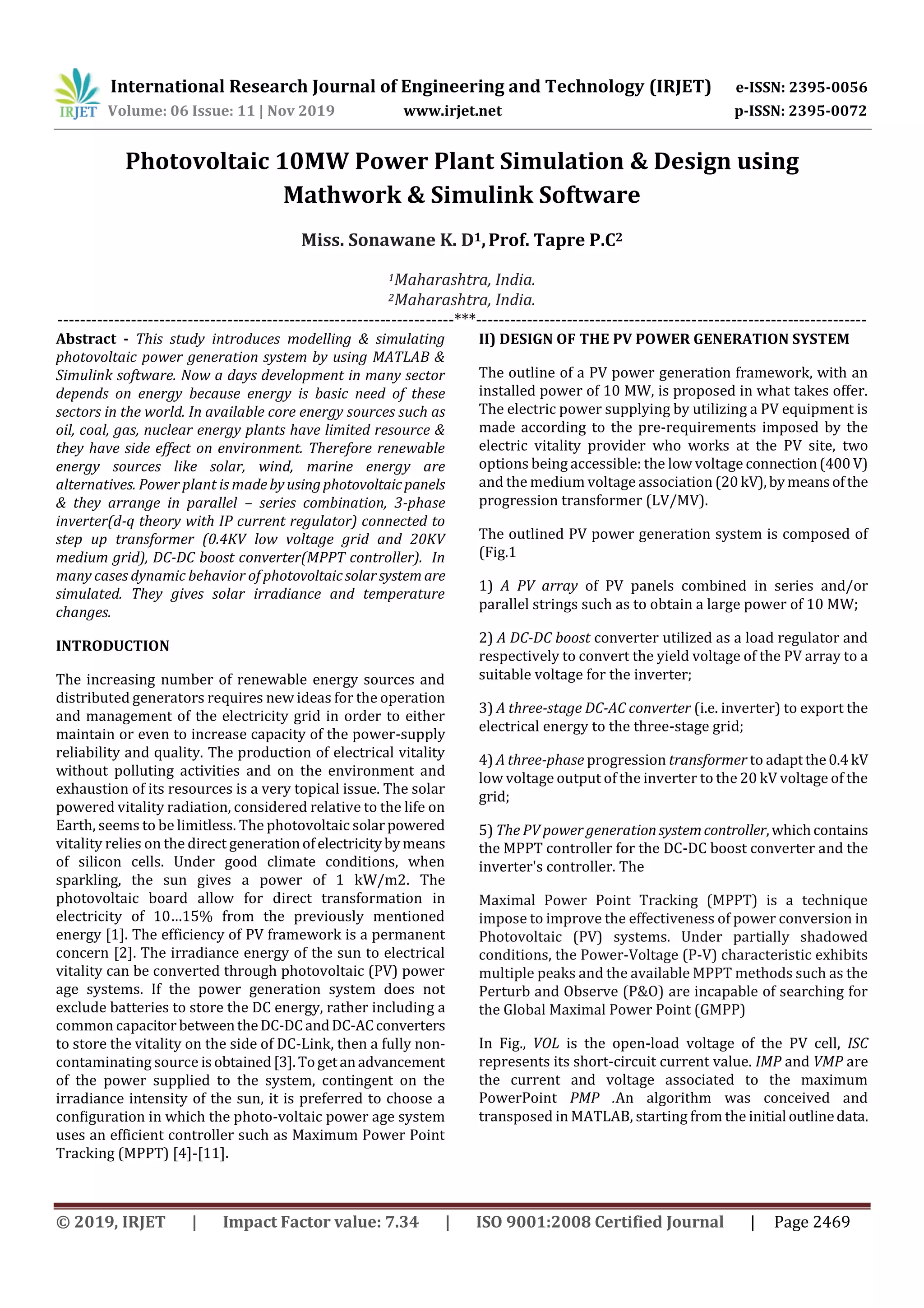IRJET- Photovoltaic 10MW Power Plant Simulation & Design using Mathwork ...