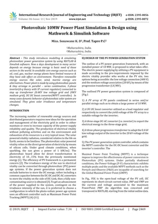 IRJET- Photovoltaic 10MW Power Plant Simulation & Design using Mathwork ...