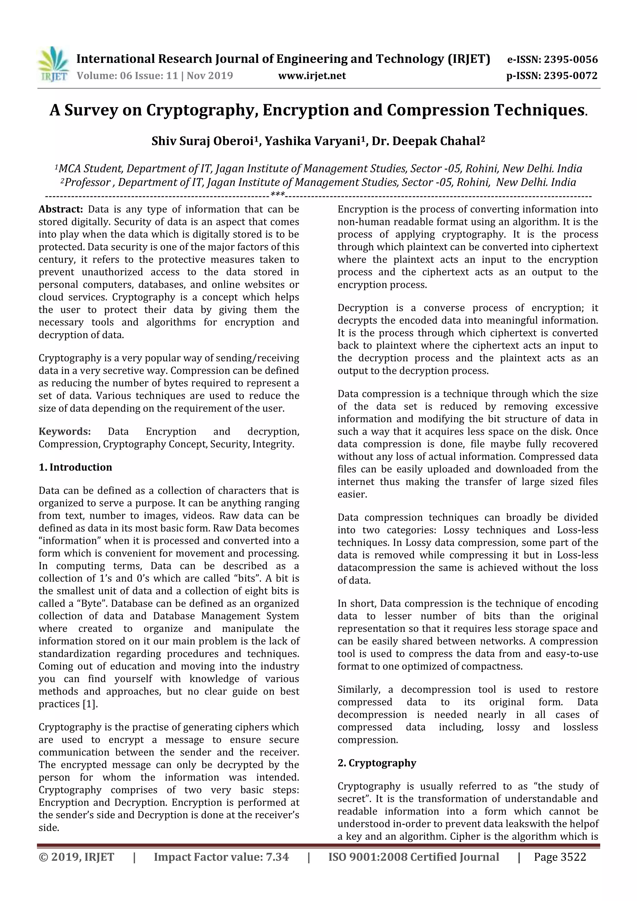 IRJET- A Survey on Cryptography, Encryption and Compression Techniques | PDF
