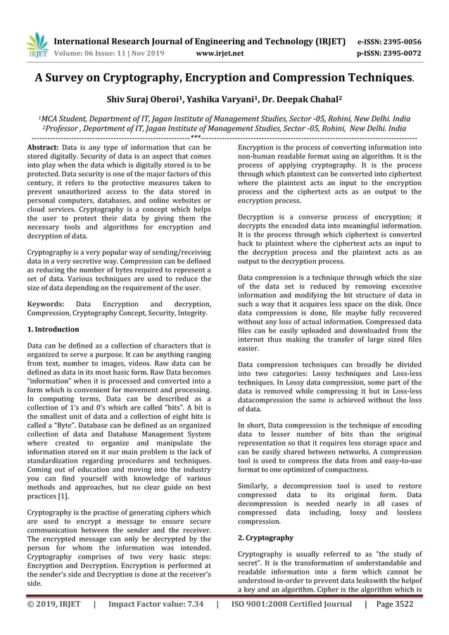 IRJET- A Survey on Cryptography, Encryption and Compression Techniques | PDF