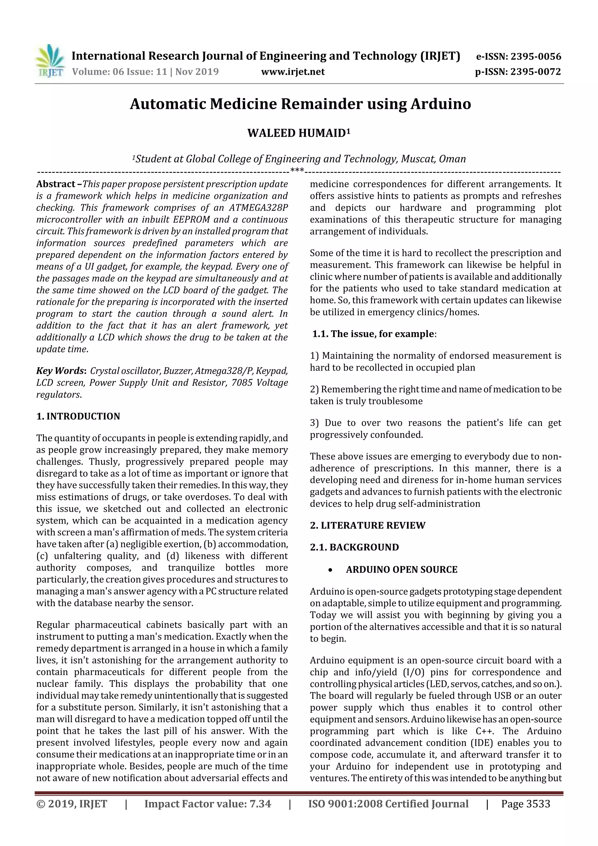 IRJET- Automatic Medicine Remainder using Arduino | PDF