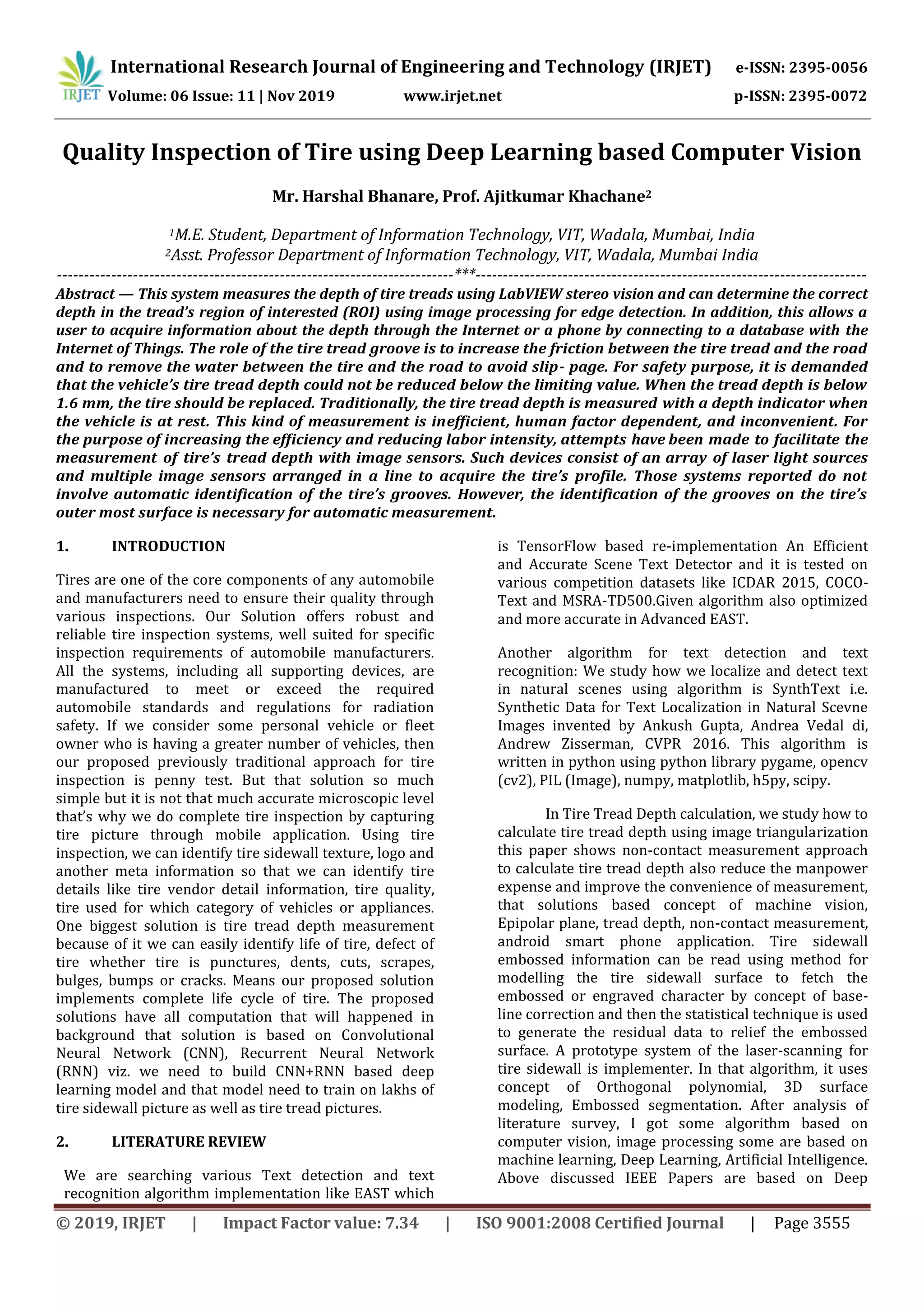 IRJET- Quality Inspection of Tire using Deep Learning based Computer Vision | PDF