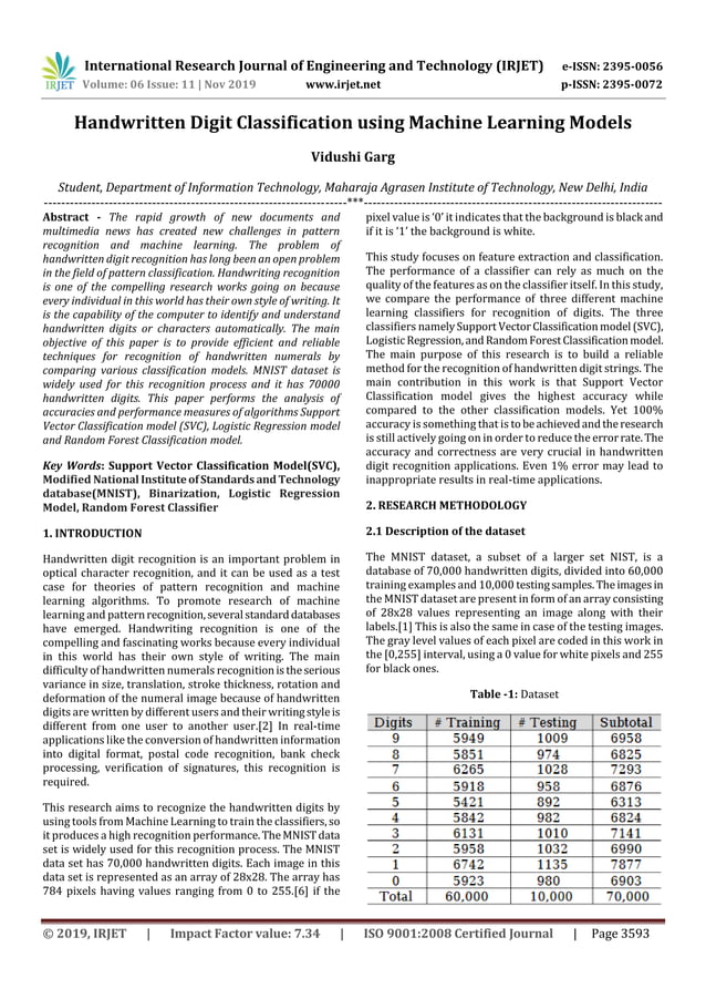 IRJET-Handwritten Digit Classification using Machine Learning Models | PDF