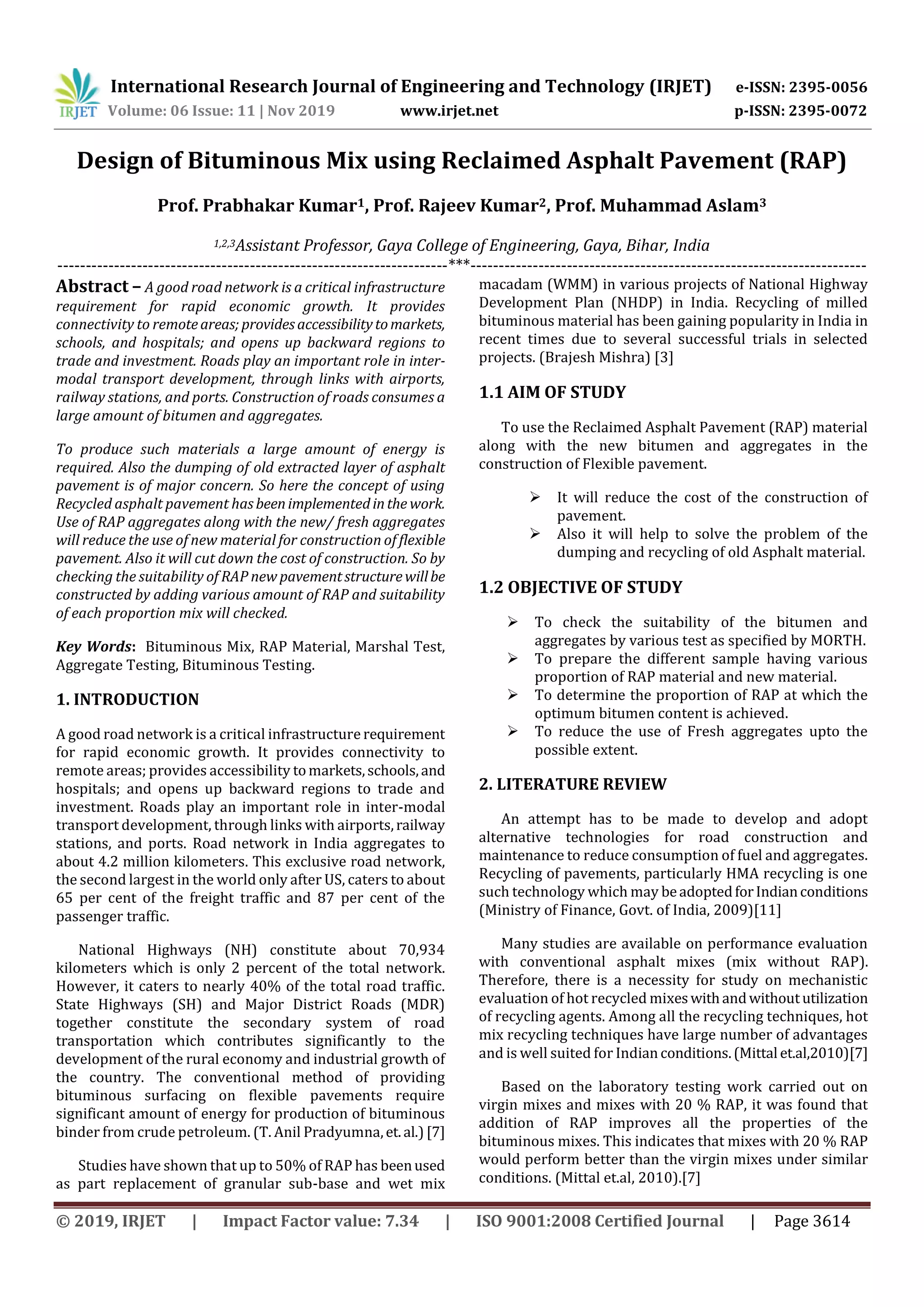 IRJET- Design of Bituminous Mix using Reclaimed Asphalt Pavement (RAP ...