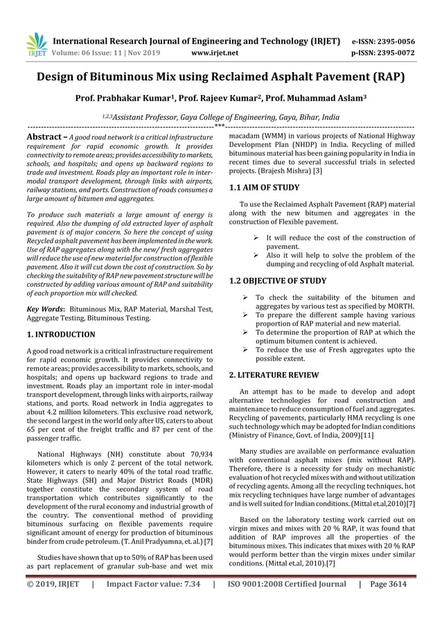 IRJET- Design of Bituminous Mix using Reclaimed Asphalt Pavement (RAP) | PDF | Performance Cars ...