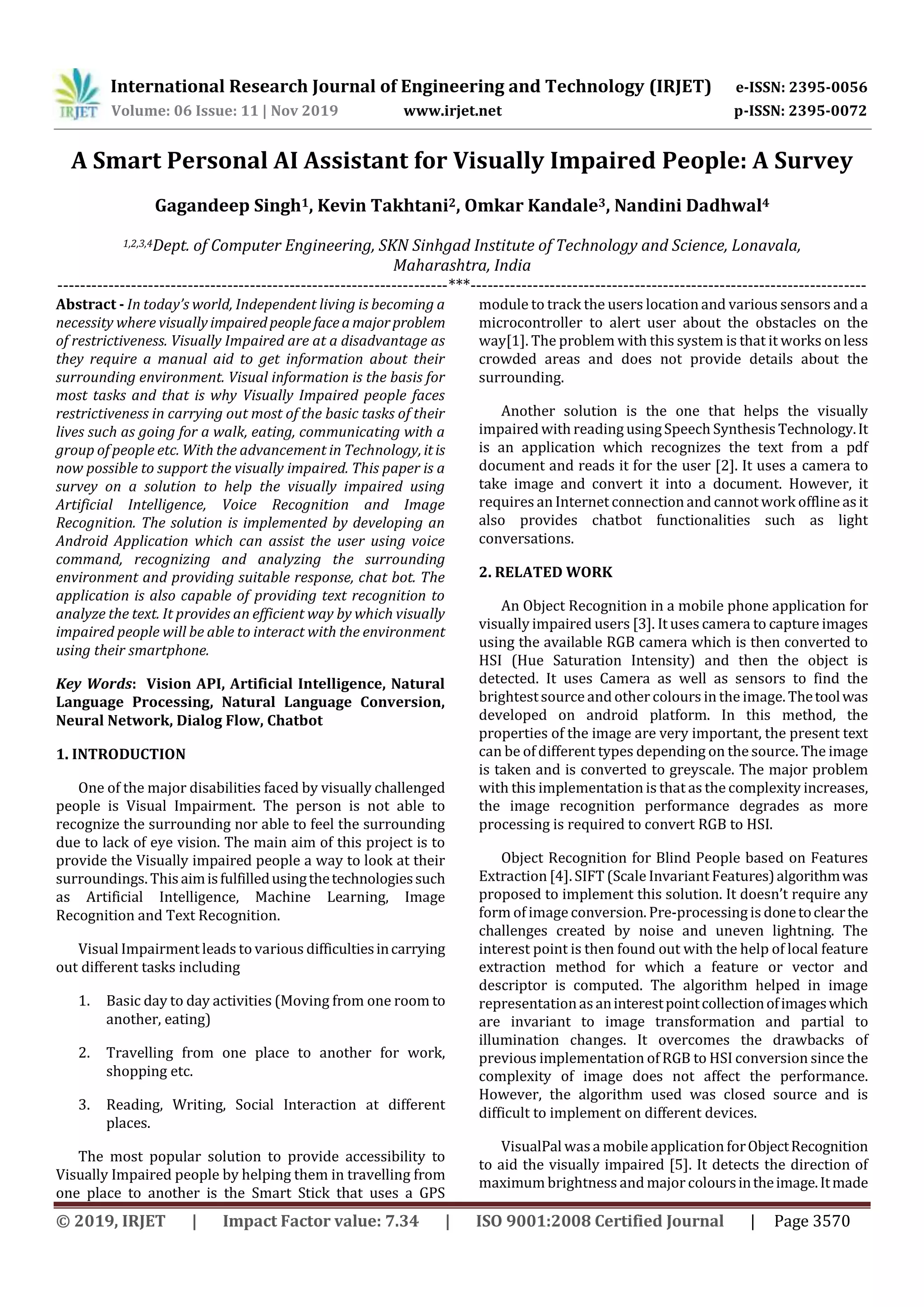 IRJET- A Smart Personal AI Assistant for Visually Impaired People: A ...