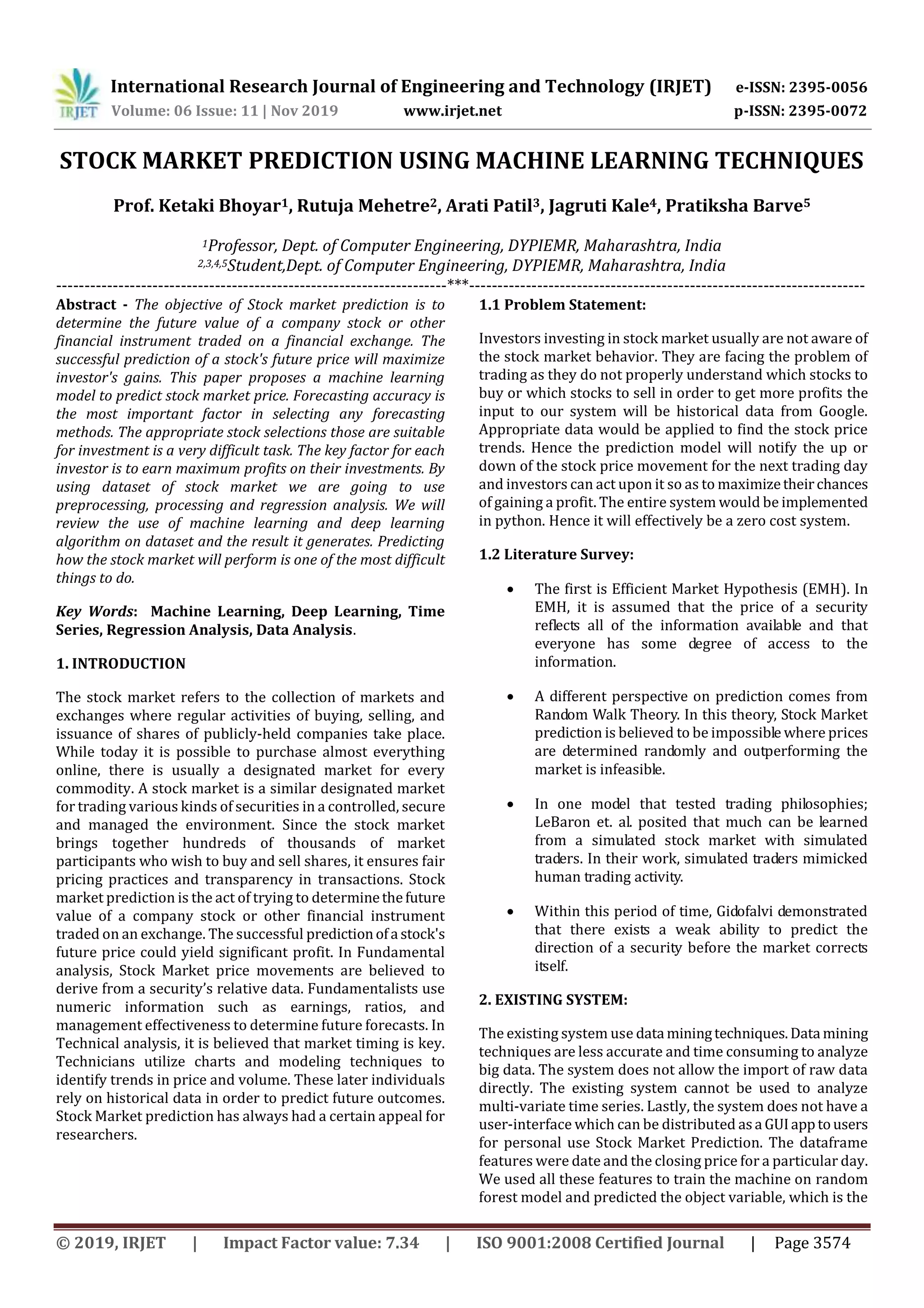 IRJET- Stock Market Prediction using Machine Learning Techniques | PDF