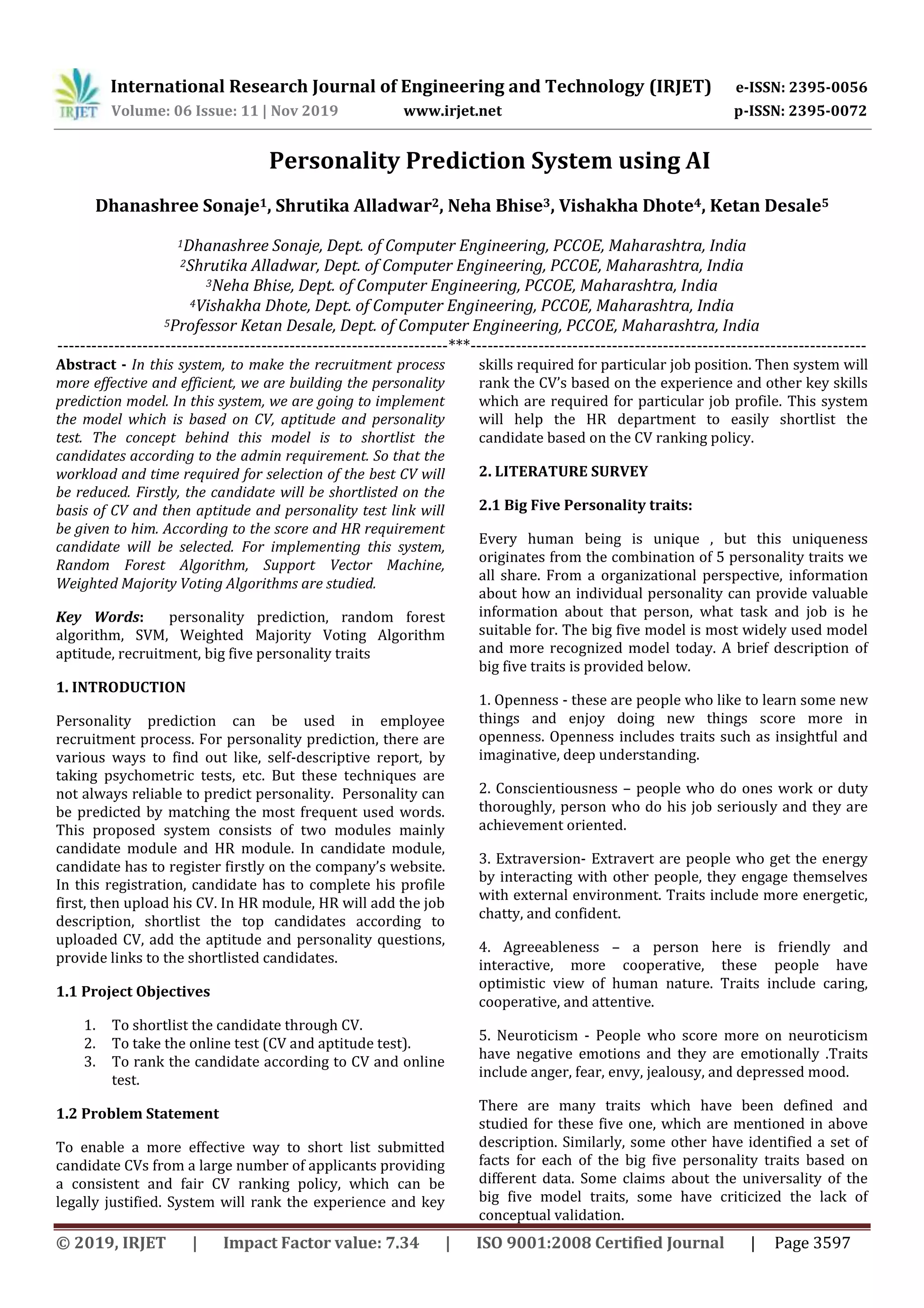 IRJET- Personality Prediction System using AI | PDF