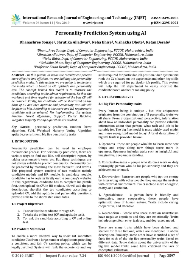 IRJET- Personality Prediction System using AI | PDF