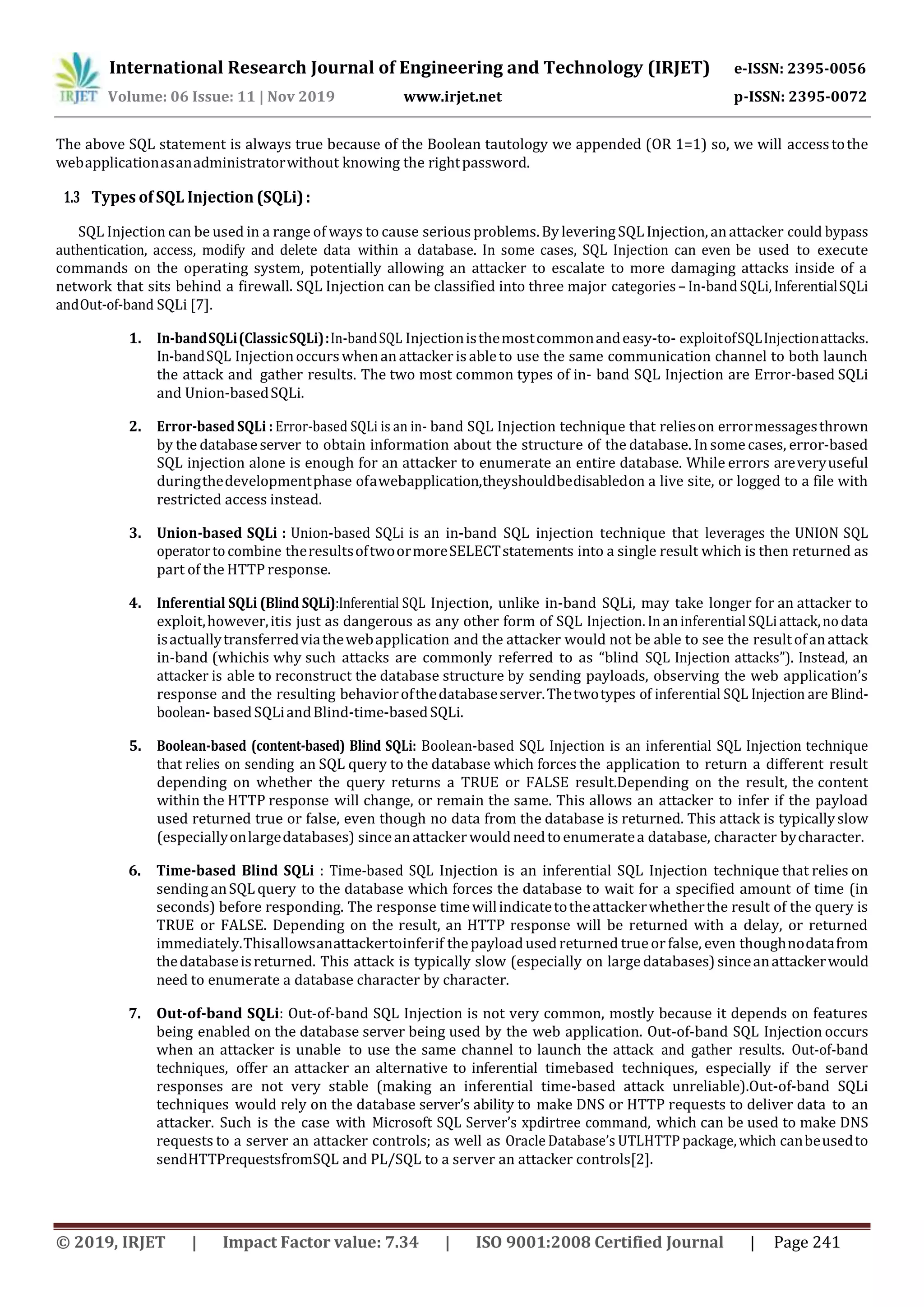 IRJET- Detection of SQL Injection using Machine Learning : A Survey | PDF