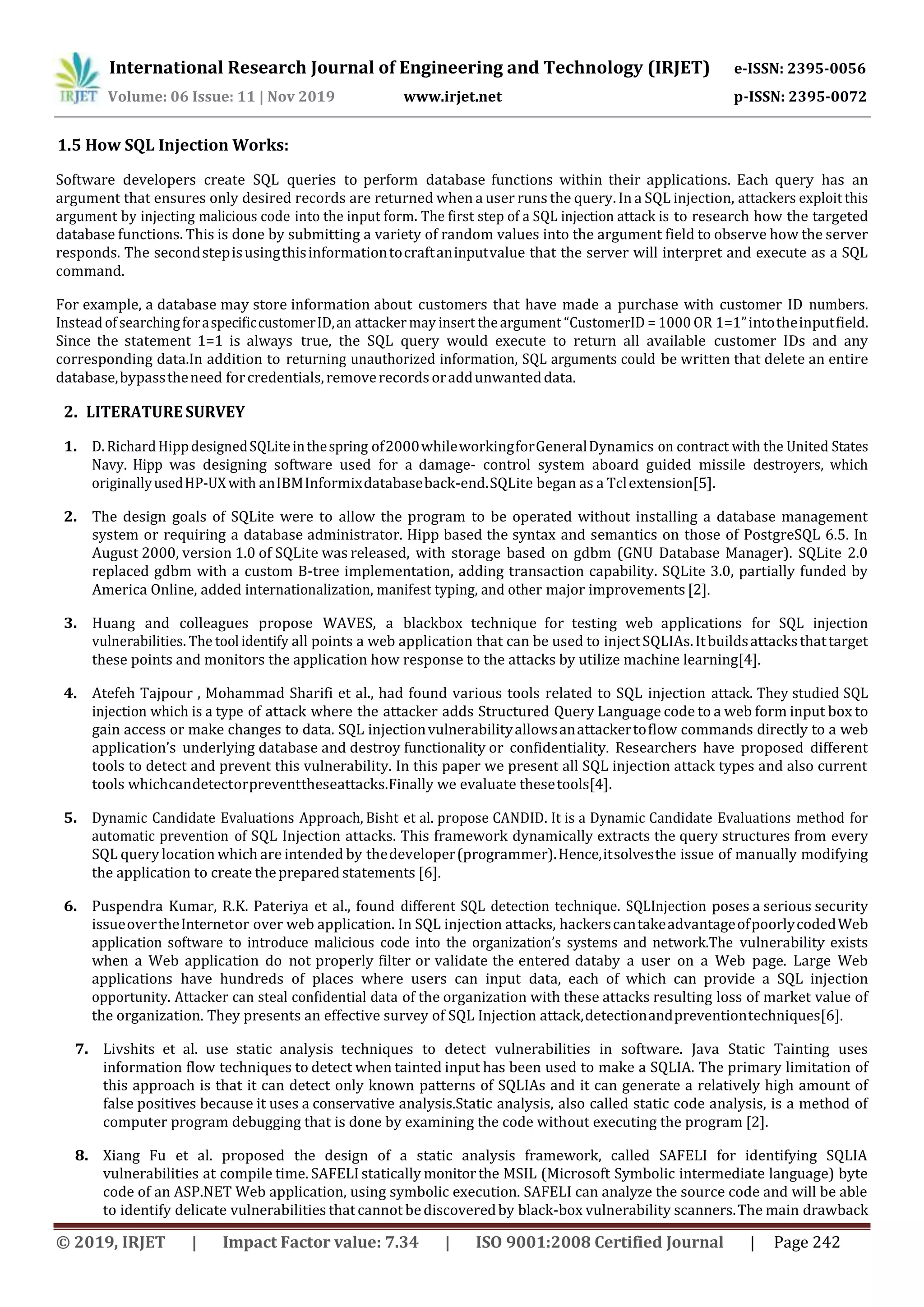 IRJET- Detection of SQL Injection using Machine Learning : A Survey | PDF
