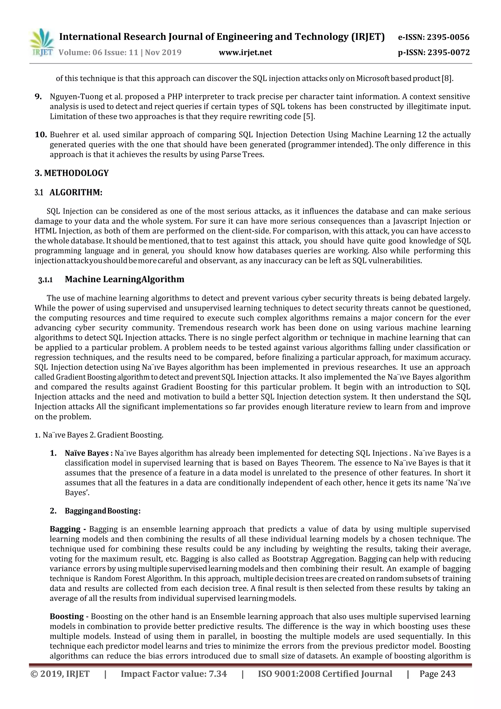 IRJET- Detection of SQL Injection using Machine Learning : A Survey | PDF