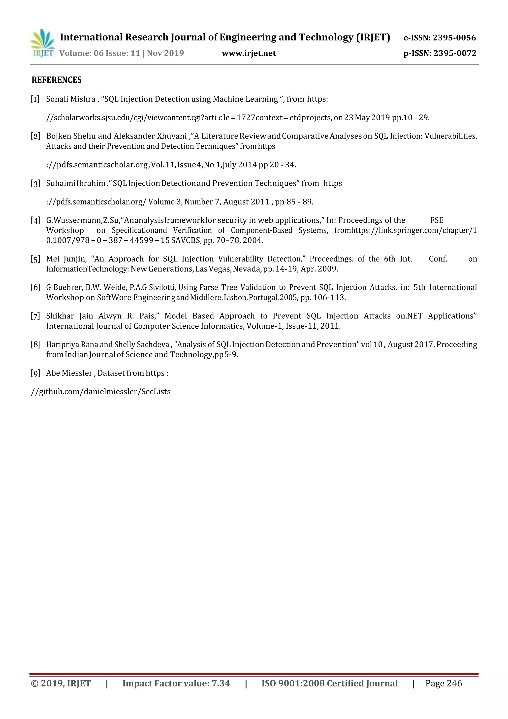 IRJET- Detection of SQL Injection using Machine Learning : A Survey | PDF