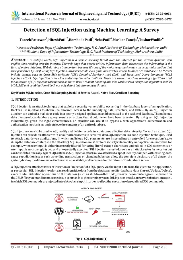 Irjet Detection Of Sql Injection Using Machine Learning A Survey Pdf