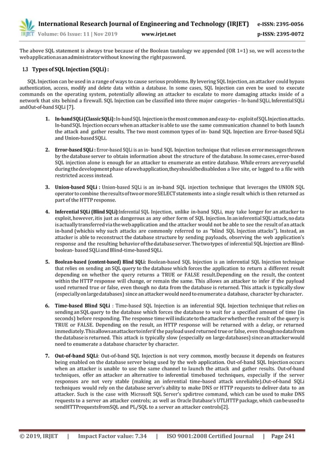 IRJET- Detection of SQL Injection using Machine Learning : A Survey | PDF