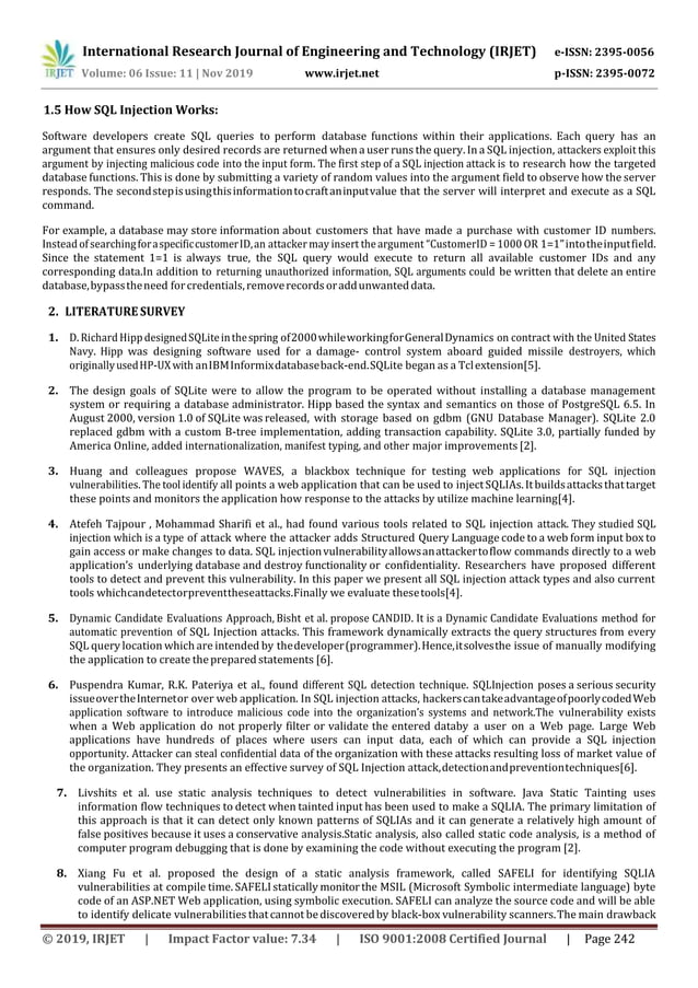 Irjet Detection Of Sql Injection Using Machine Learning A Survey Pdf